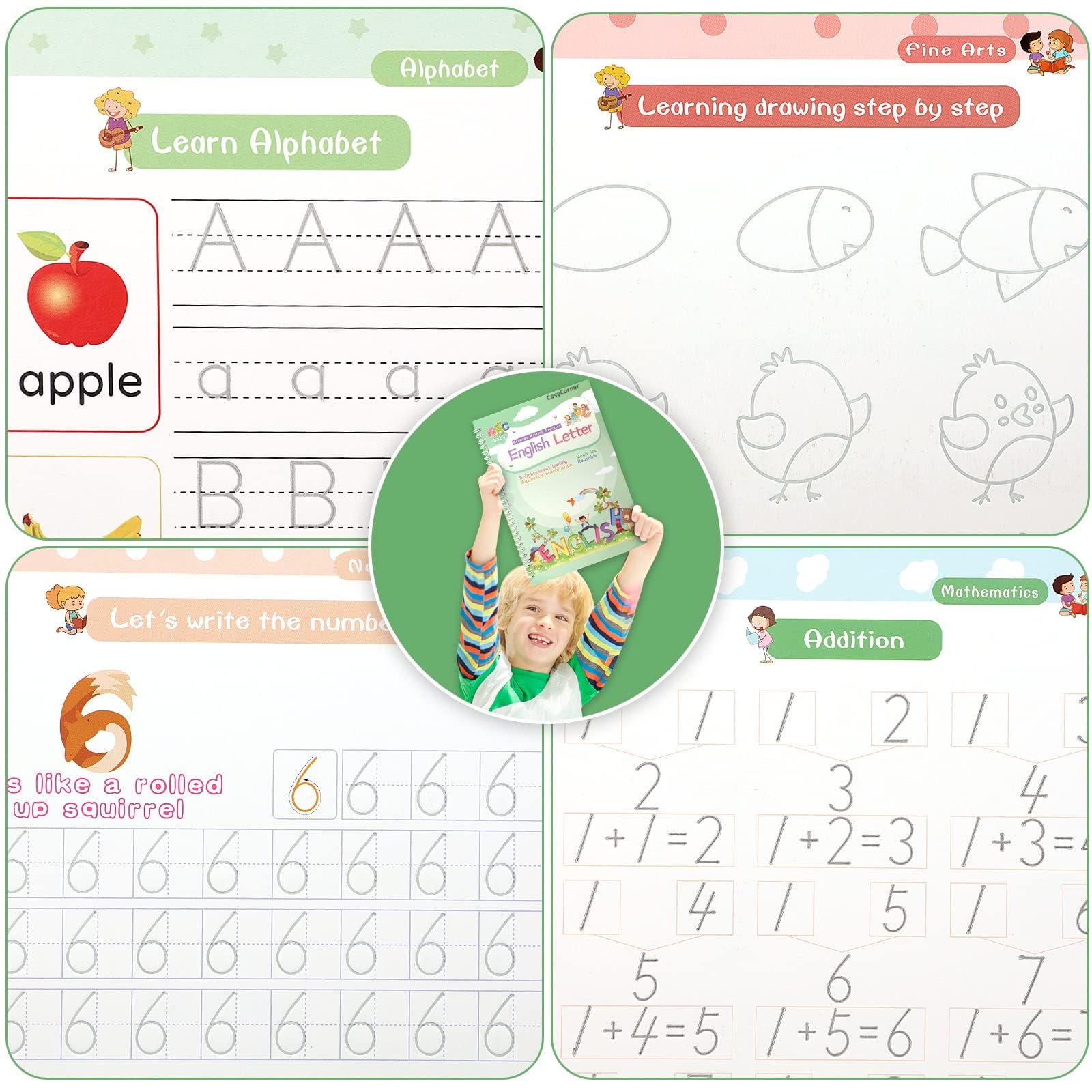 Magic Ink Copybooks for Kids Reusable Handwriting Workbooks for Preschools Grooves Template Design and Handwriting Aid Magic Practice Copybook for Kids The Print Writing (ENLARGED-Version 4books+Pens)