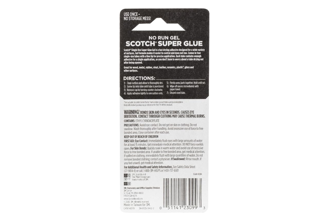 Scotch Super Glue Gel, 4-Pack of Single-Use Tubes, .017 oz each, Fast Drying, No Run Gel Formula (AD119)