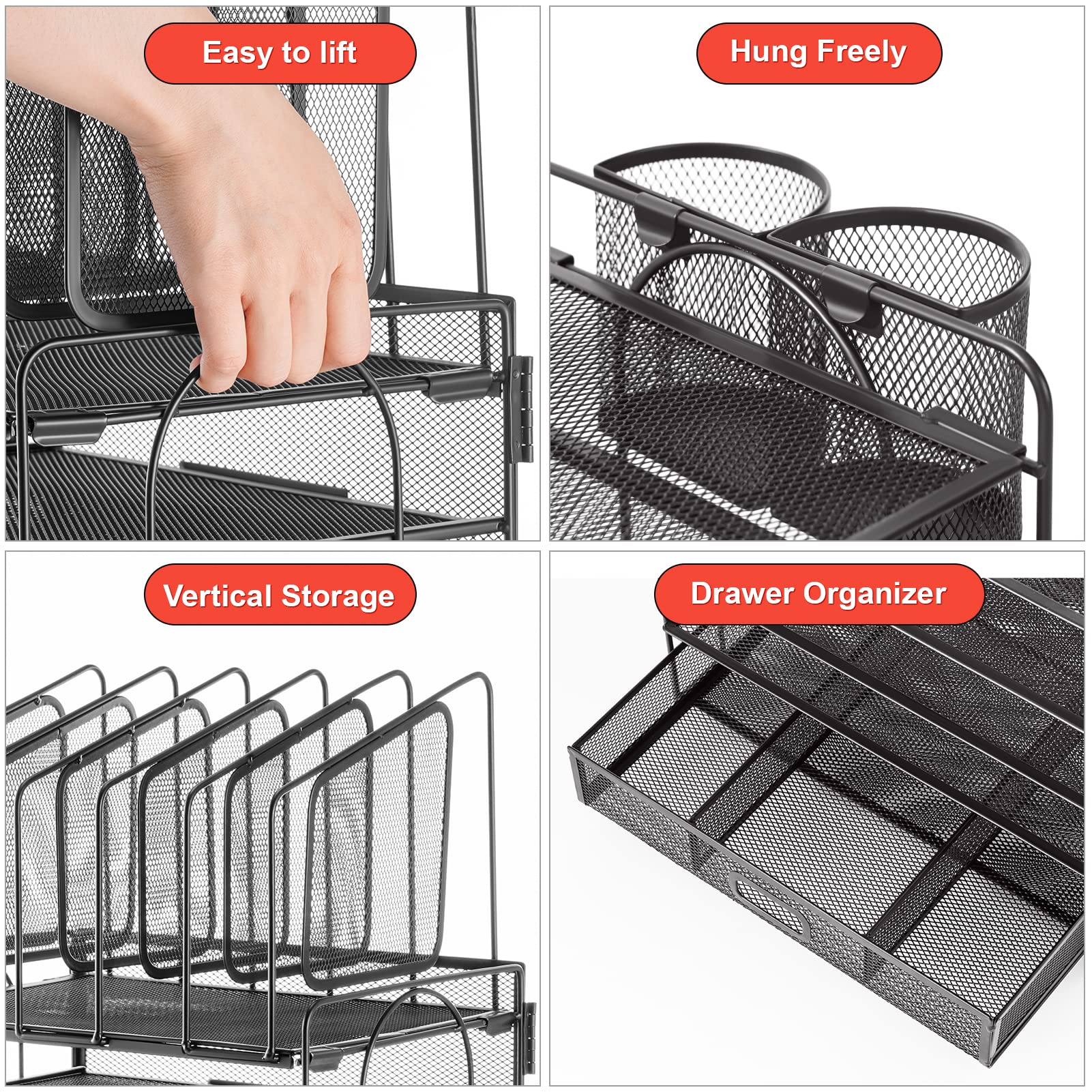 Marbrasse Desk Organizer with Drawer, 4-Tier Mesh Desk File Organizer with 5 Vertical File Holders and 2 Pen Holders, Multifunction Desktop Organizer,Desk Organizers and Accessories for Home Office