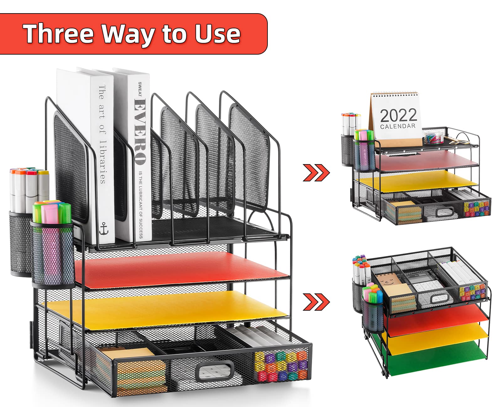 Marbrasse Desk Organizer with Drawer, 4-Tier Mesh Desk File Organizer with 5 Vertical File Holders and 2 Pen Holders, Multifunction Desktop Organizer,Desk Organizers and Accessories for Home Office