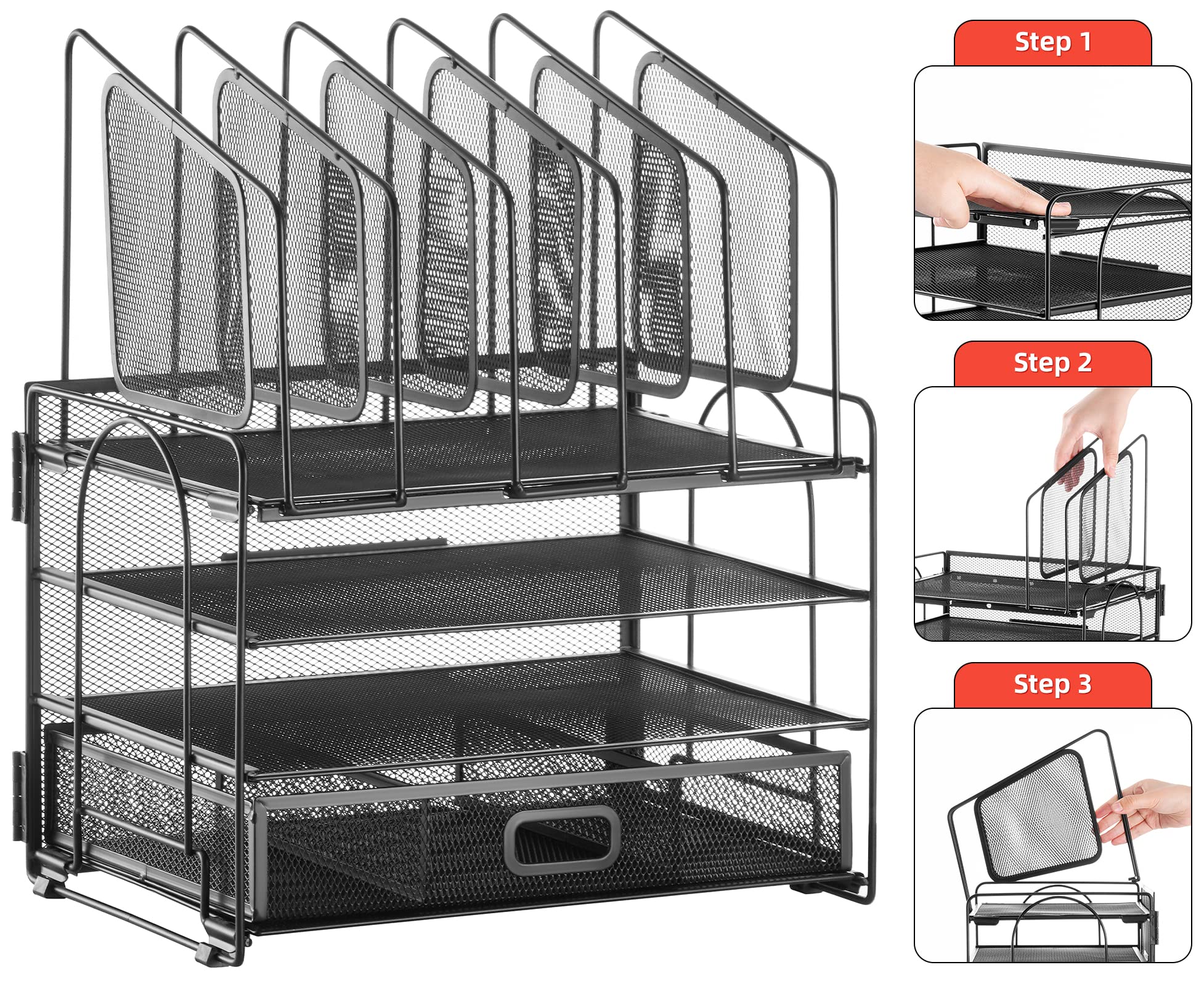 Marbrasse Desk Organizer with Drawer, 4-Tier Mesh Desk File Organizer with 5 Vertical File Holders and 2 Pen Holders, Multifunction Desktop Organizer,Desk Organizers and Accessories for Home Office