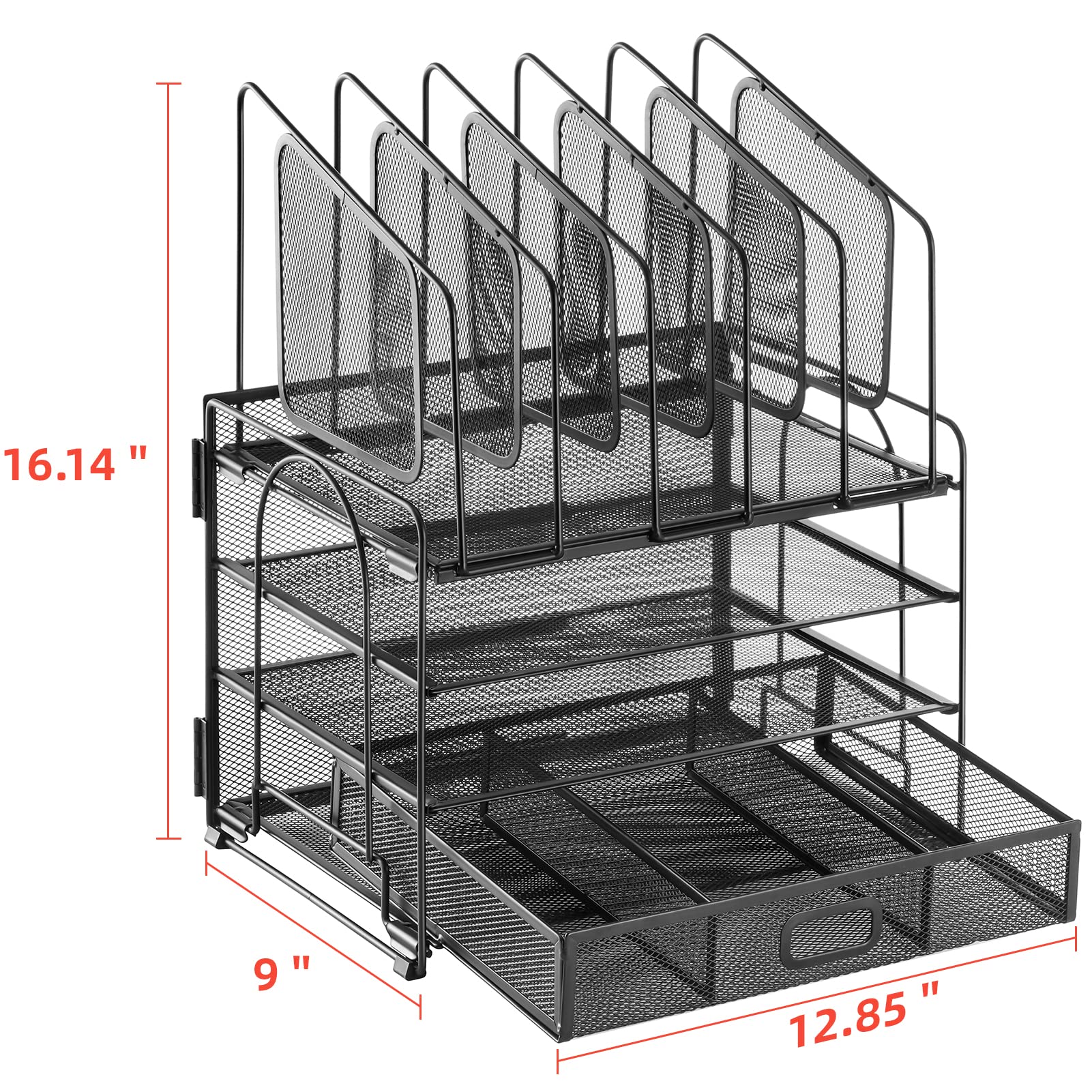 Marbrasse Desk Organizer with Drawer, 4-Tier Mesh Desk File Organizer with 5 Vertical File Holders and 2 Pen Holders, Multifunction Desktop Organizer,Desk Organizers and Accessories for Home Office
