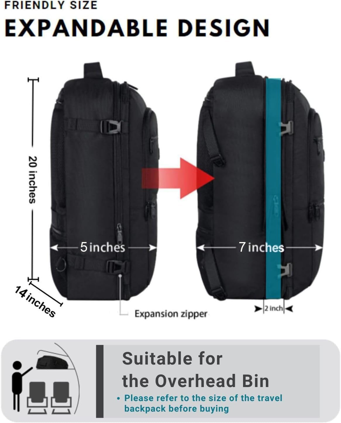 Vancropak Travel Backpack, 40L Flight Approved Carry On Backpack for Men & Women, Expandable Large Luggage Backpack Daypack Water Resistant Lightweight Business Weekender Bag, Black