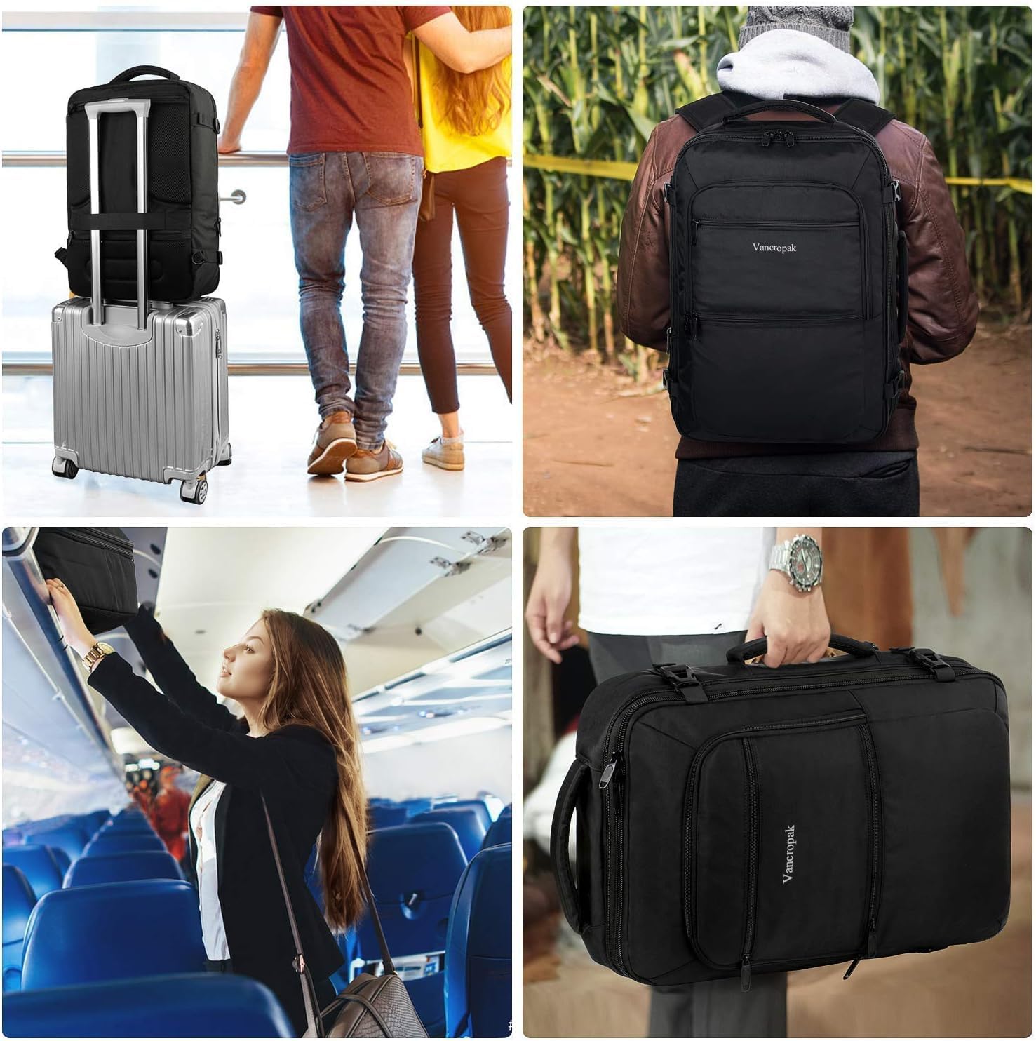 Vancropak Travel Backpack, 40L Flight Approved Carry On Backpack for Men & Women, Expandable Large Luggage Backpack Daypack Water Resistant Lightweight Business Weekender Bag, Black