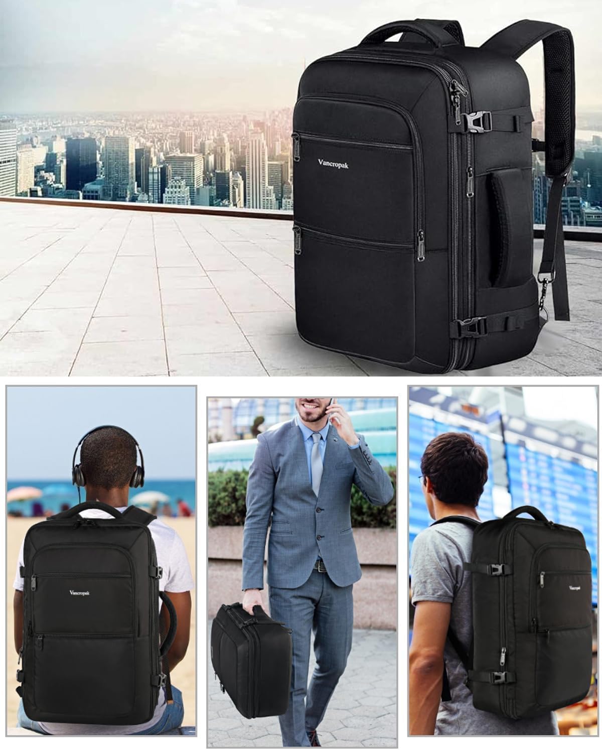 Vancropak Travel Backpack, 40L Flight Approved Carry On Backpack for Men & Women, Expandable Large Luggage Backpack Daypack Water Resistant Lightweight Business Weekender Bag, Black