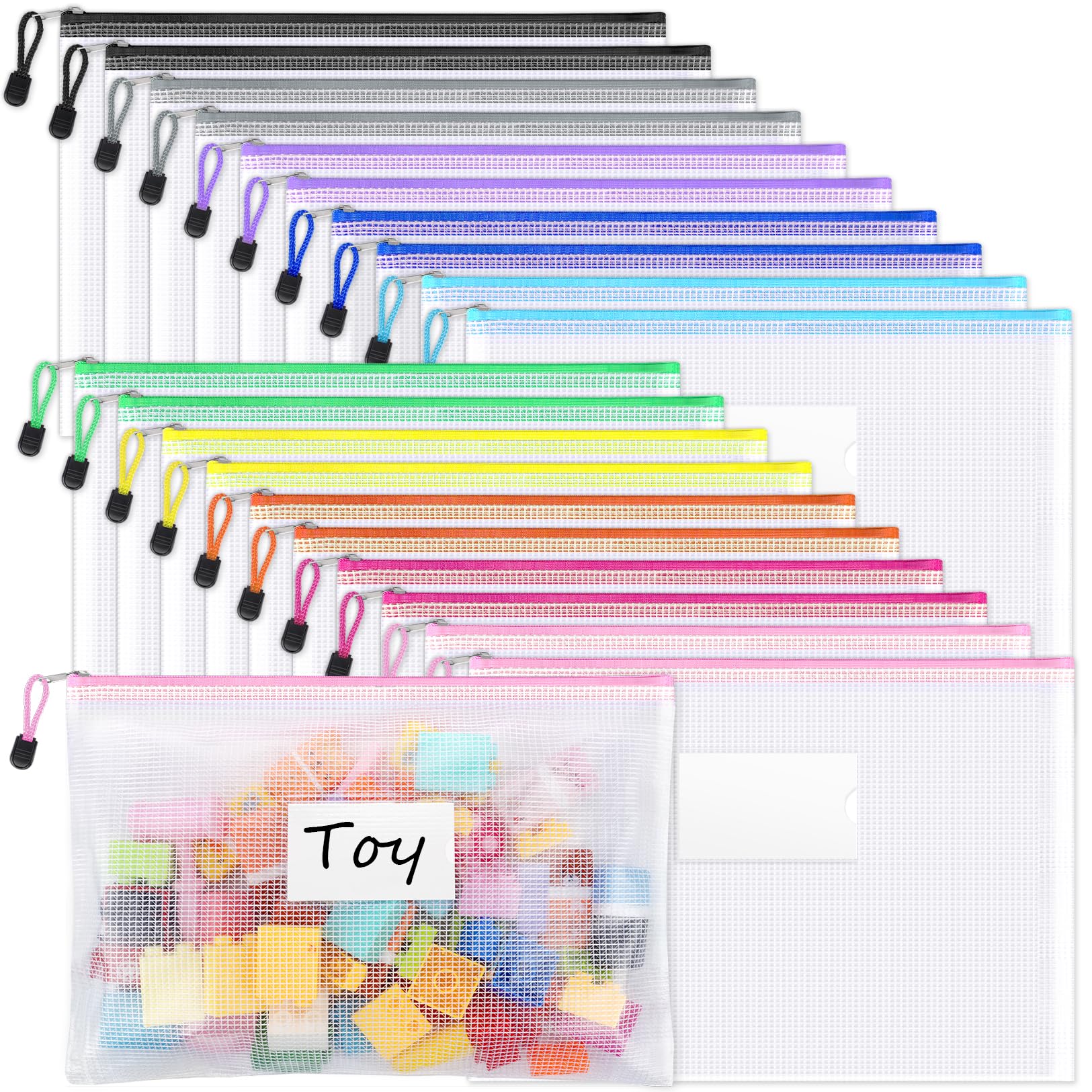 Sooez 20 Pack Zipper Pouch, Mesh Zipper Pouch with Label Pocket, Durable Pouches for Organization, Board Game Storage, Zipper Bag Waterproof, Document Bag Letter/A4