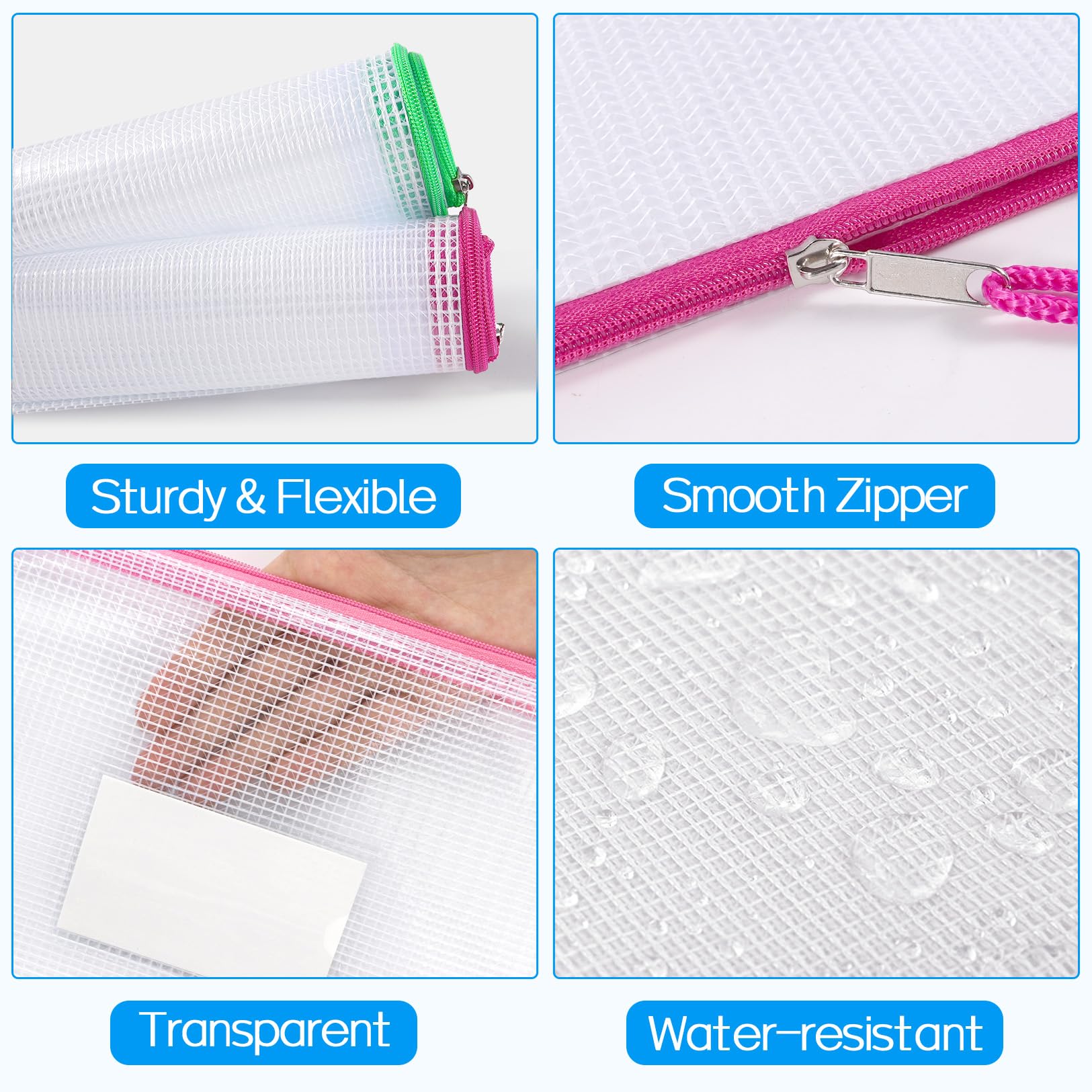 Sooez 20 Pack Zipper Pouch, Mesh Zipper Pouch with Label Pocket, Durable Pouches for Organization, Board Game Storage, Zipper Bag Waterproof, Document Bag Letter/A4