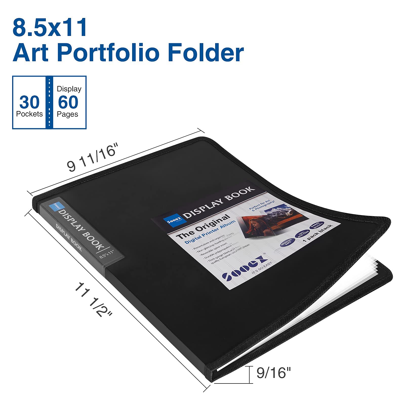 Sooez 30-Pocket Binder with Plastic Sleeves 8.5x11" (Black), Heavy Duty Art Portfolio Folder with Clear Sheet Protectors, Display 60 Pages, Presentation Book for Artwork, Document Organizer Binder