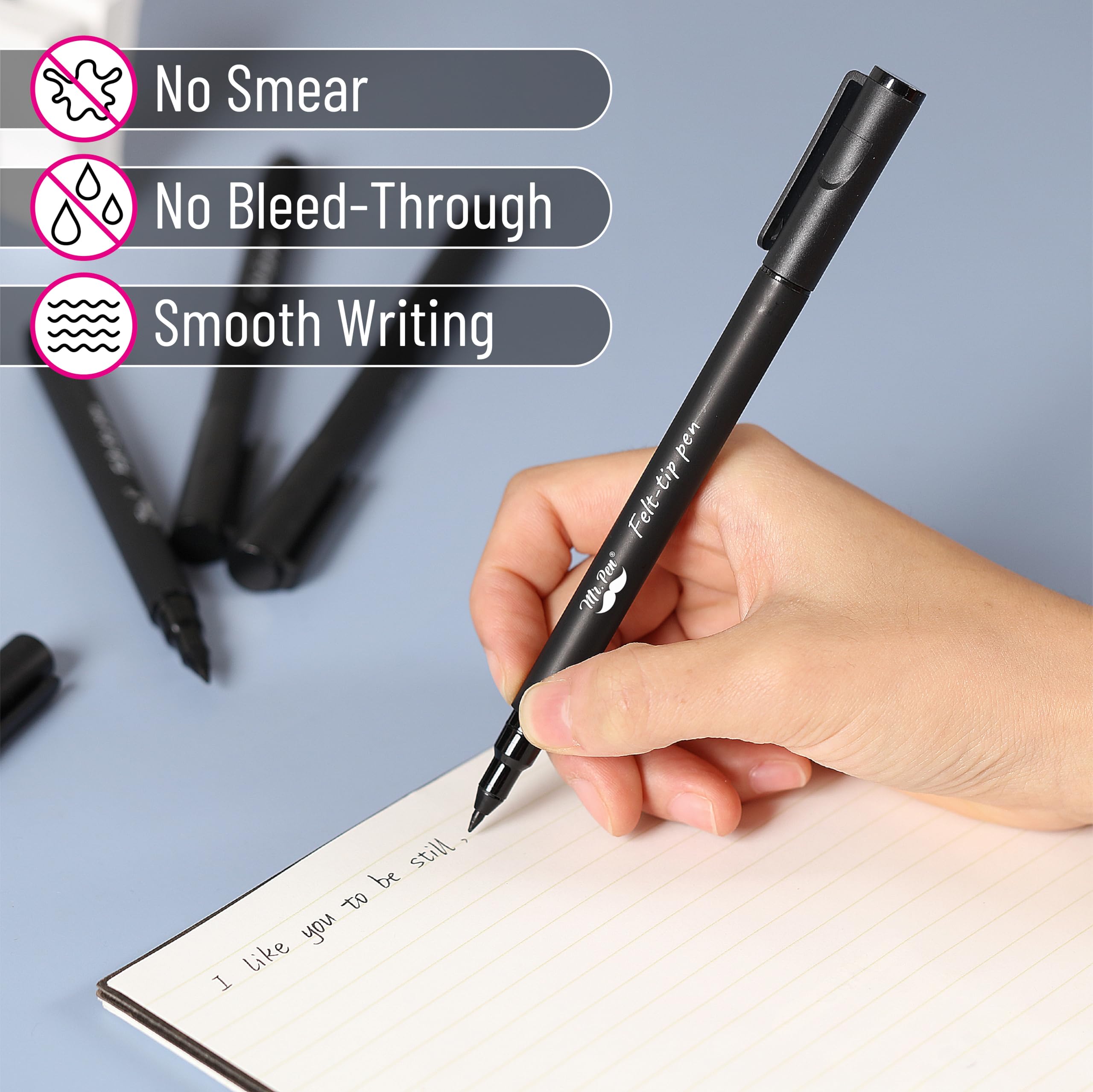 Mr. Pen- Pens, Felt Tip Pens, Black Pens, Pack of 6, Fast Dry, No Smear, Fine Point Pens Black, Black Felt Tip Pens, Bible Journaling Pens, Felt Pens, Planner Markers, Pens for Journaling