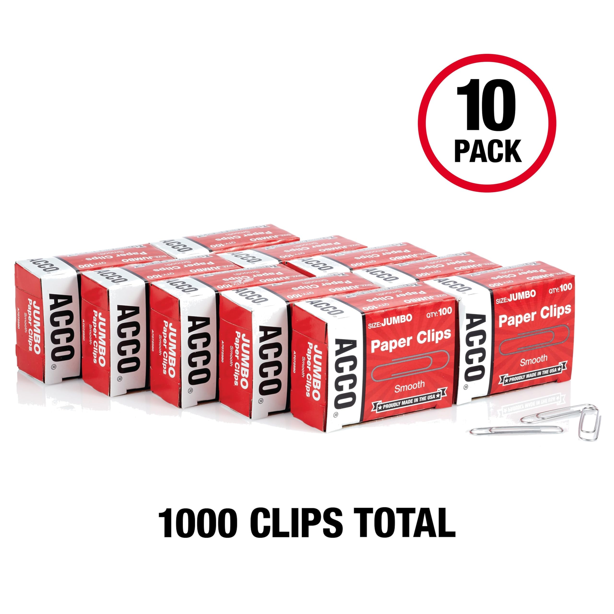 ACCO Paper Clips, Jumbo, Smooth, Economy, 10 Boxes, 100/Box (72580),Silver