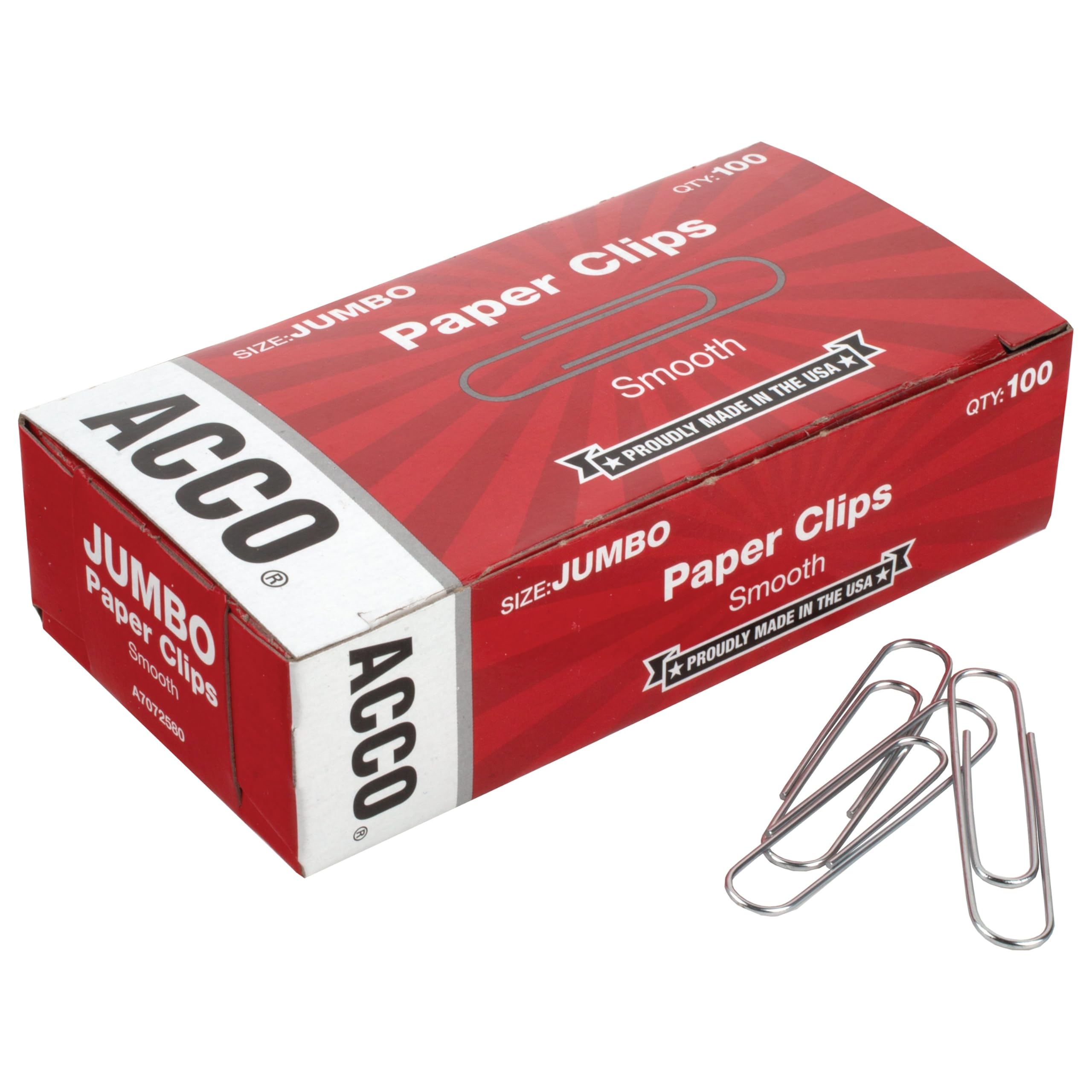 ACCO Paper Clips, Jumbo, Smooth, Economy, 10 Boxes, 100/Box (72580),Silver