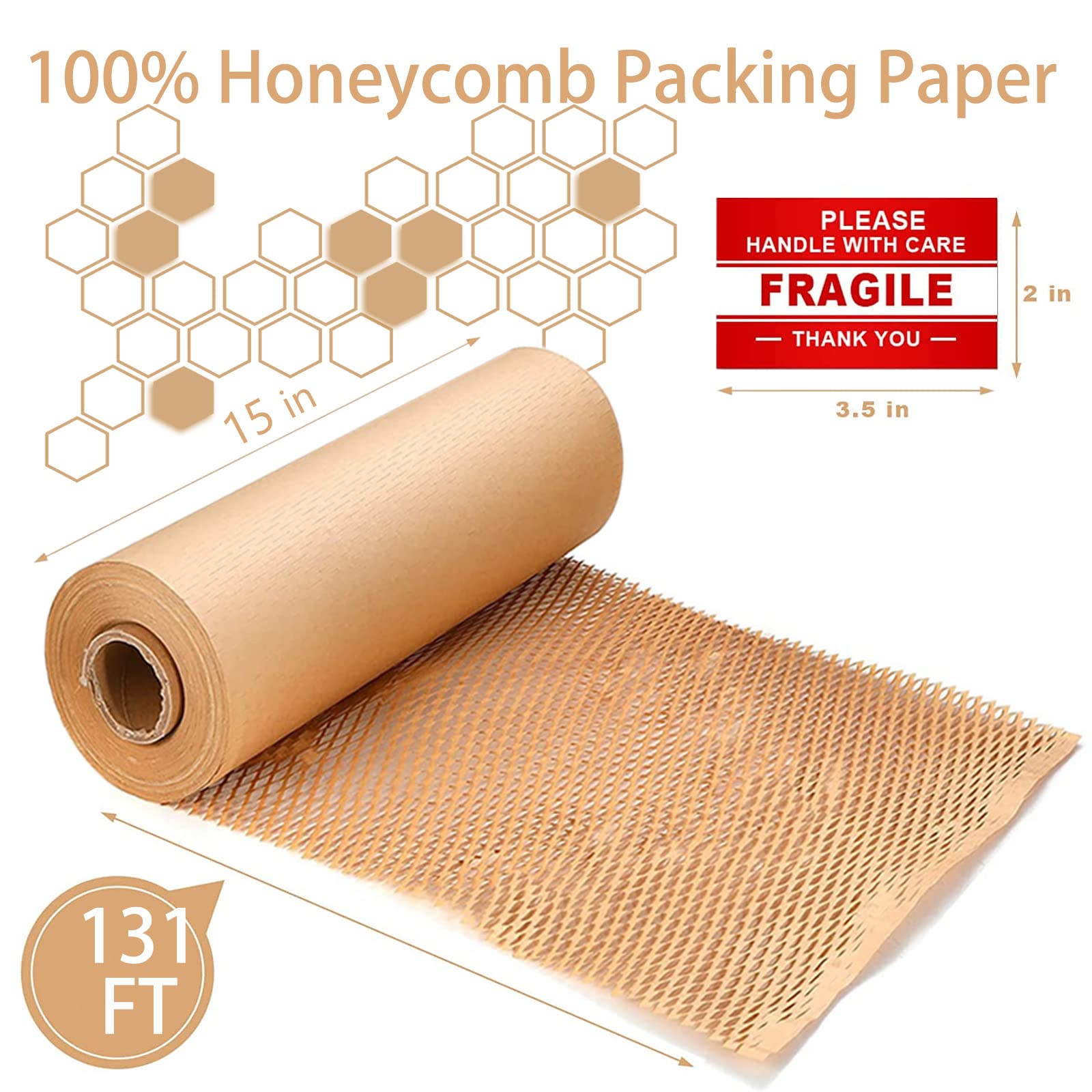 onesimcr Honeycomb Packing Paper Wrap 15"x131' Sustainable Alternative to Bubble Wrap for Moving/shipping/packing Roll with 20 Fragile Sticker Biodegradable & Fully Recylable