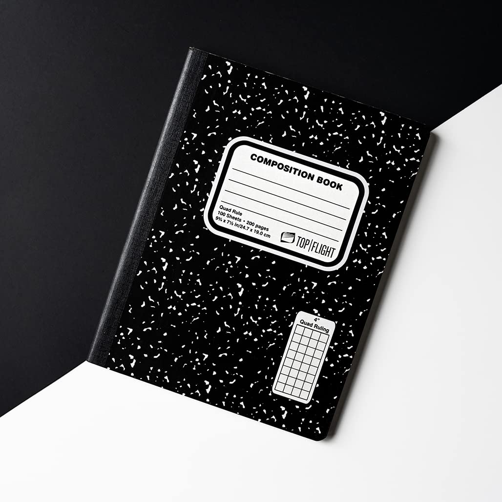 Top Flight Sewn Marble Composition Book, Black/White, Quad Rule, 4 Squares per Inch, 9.75 x 7.5 Inches, 100 Sheets (41320)