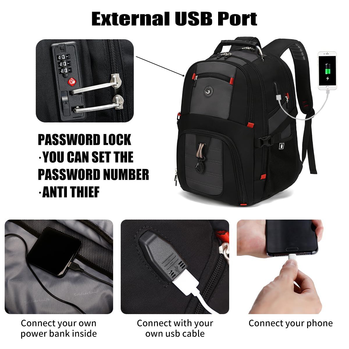 SHRRADOO Extra Large 50L Travel Laptop Backpack, College School Computer Backpacks with USB Charging Port Fits 17 Inch Laptops for Men Women(A Black)