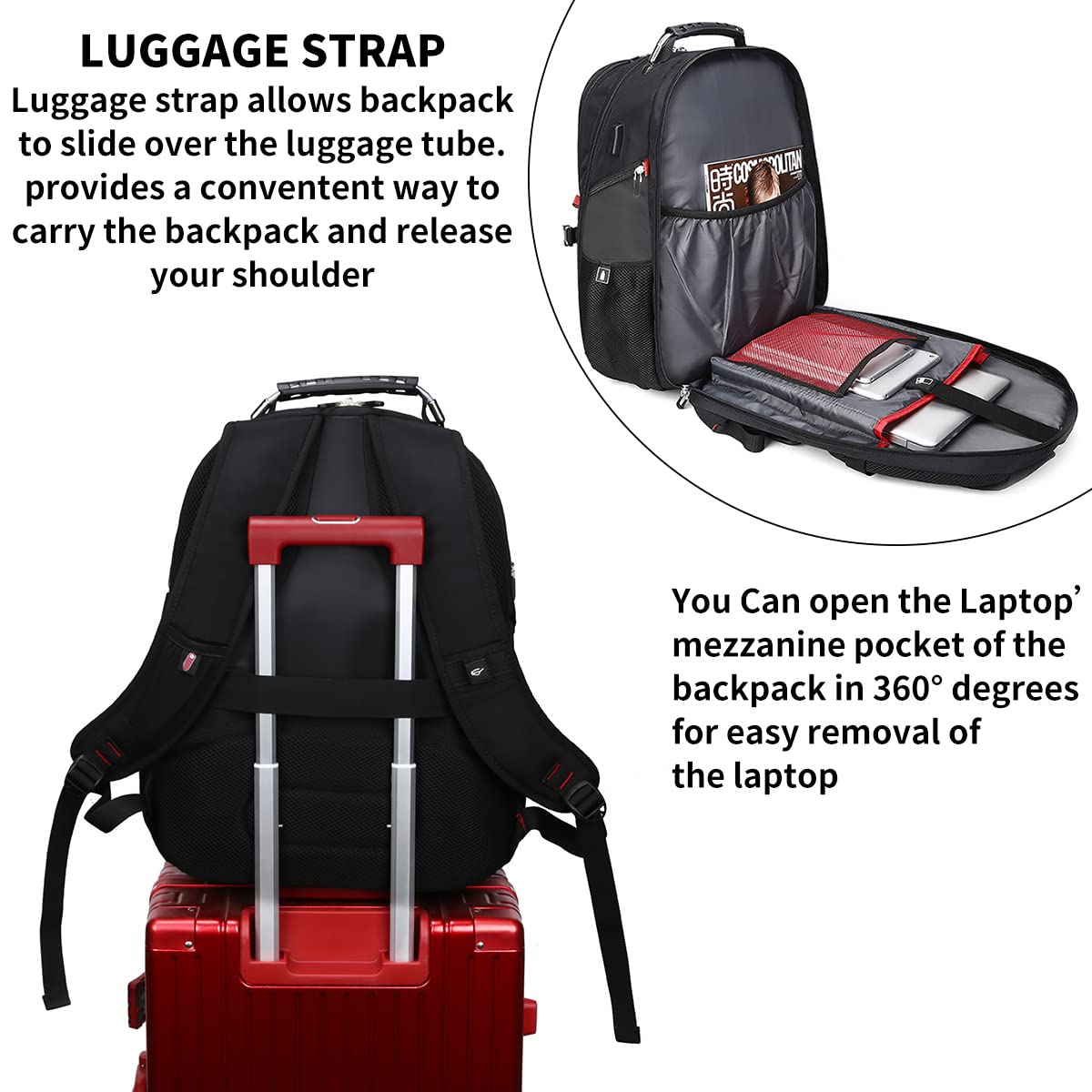 SHRRADOO Extra Large 50L Travel Laptop Backpack, College School Computer Backpacks with USB Charging Port Fits 17 Inch Laptops for Men Women(A Black)