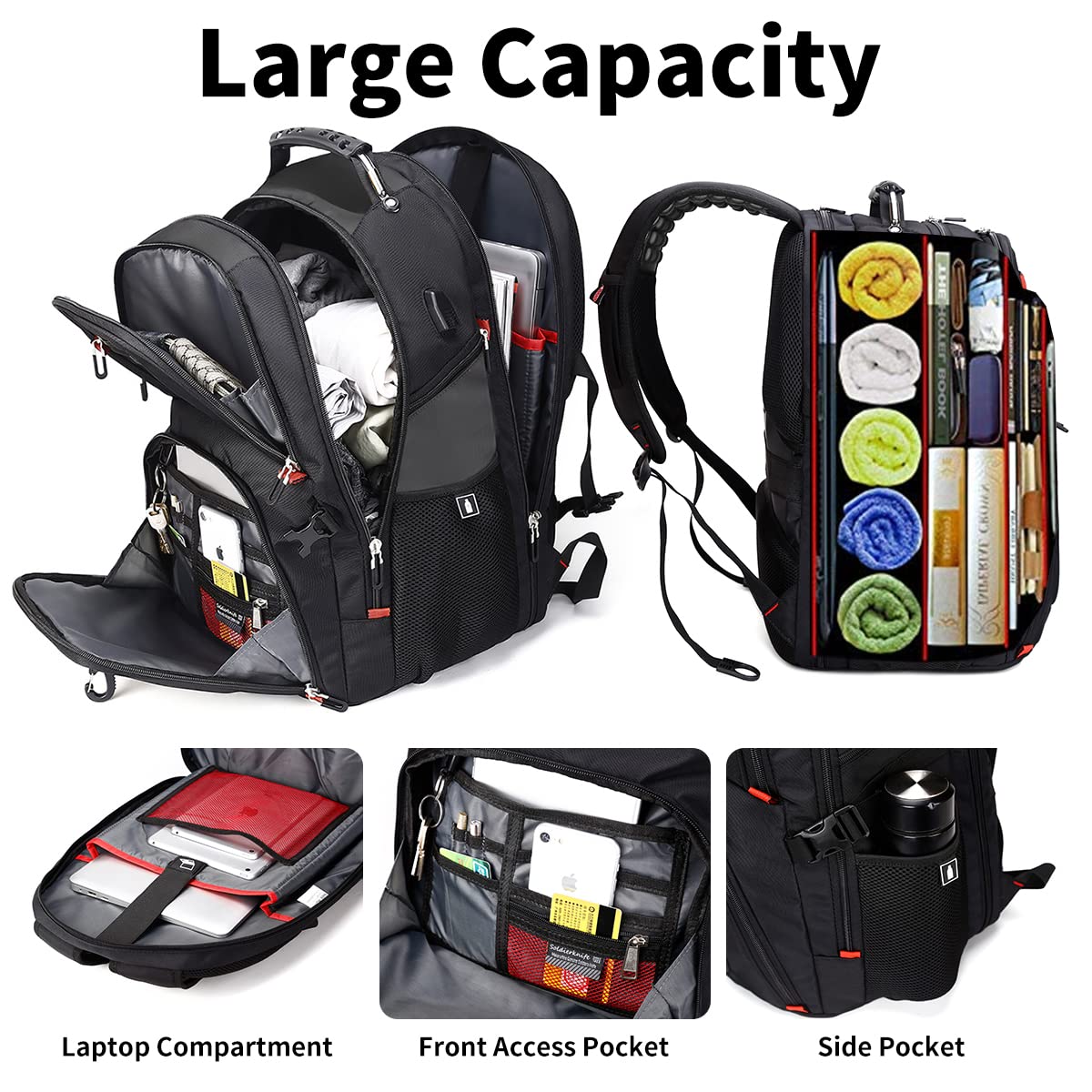 SHRRADOO Extra Large 50L Travel Laptop Backpack, College School Computer Backpacks with USB Charging Port Fits 17 Inch Laptops for Men Women(A Black)