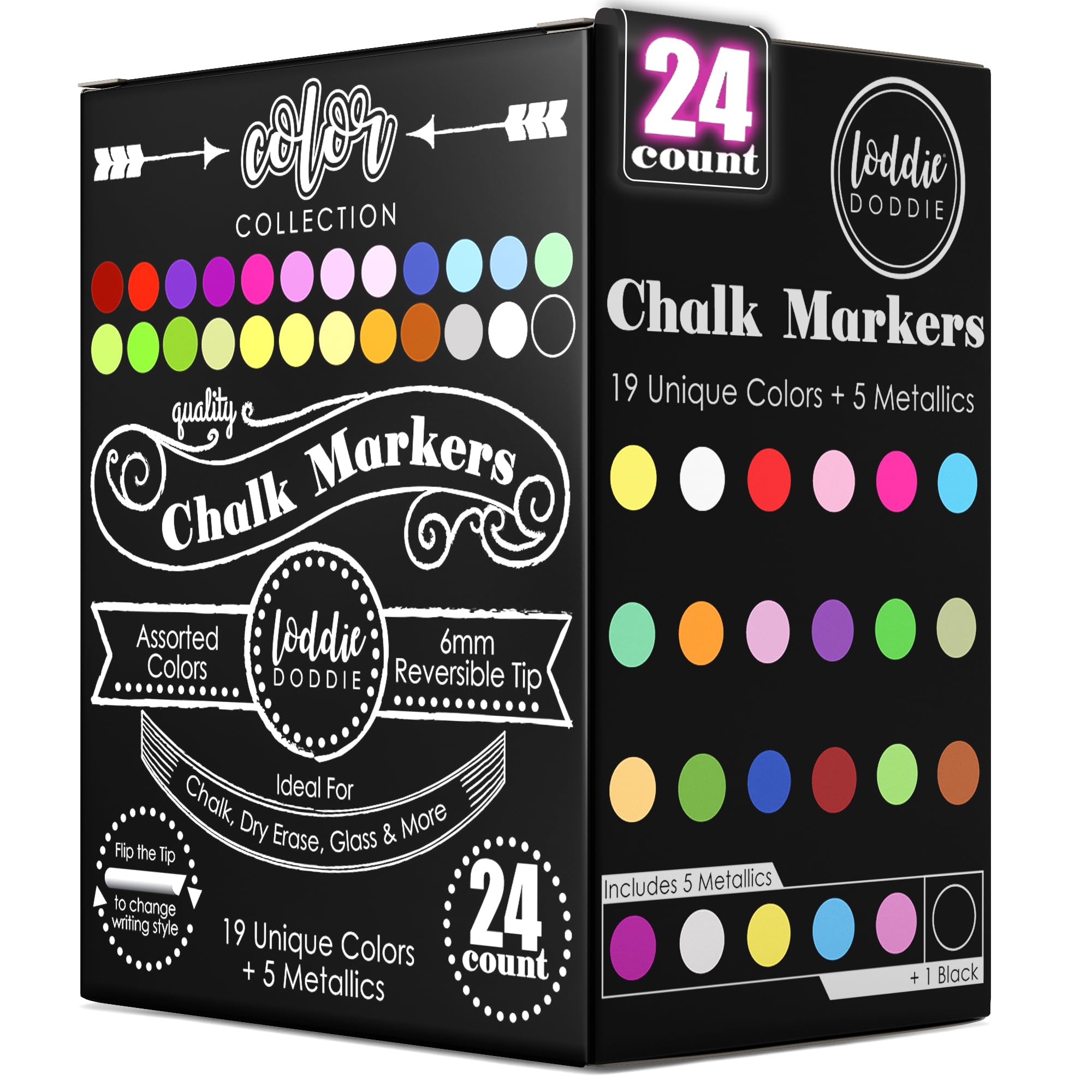 Loddie Doddie Liquid Chalk Markers | Dust Free Chalk Pens - Perfect for Chalkboards, Blackboards, Windows and Glass | 6mm Reversible Bullet & Chisel Tip Erasable Ink (Pack of 24)