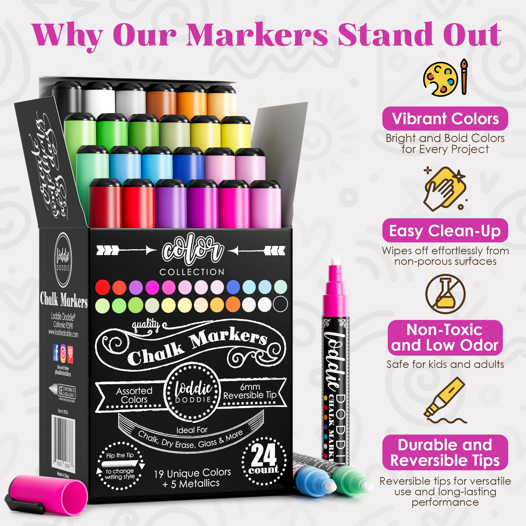 Loddie Doddie Liquid Chalk Markers | Dust Free Chalk Pens - Perfect for Chalkboards, Blackboards, Windows and Glass | 6mm Reversible Bullet & Chisel Tip Erasable Ink (Pack of 24)