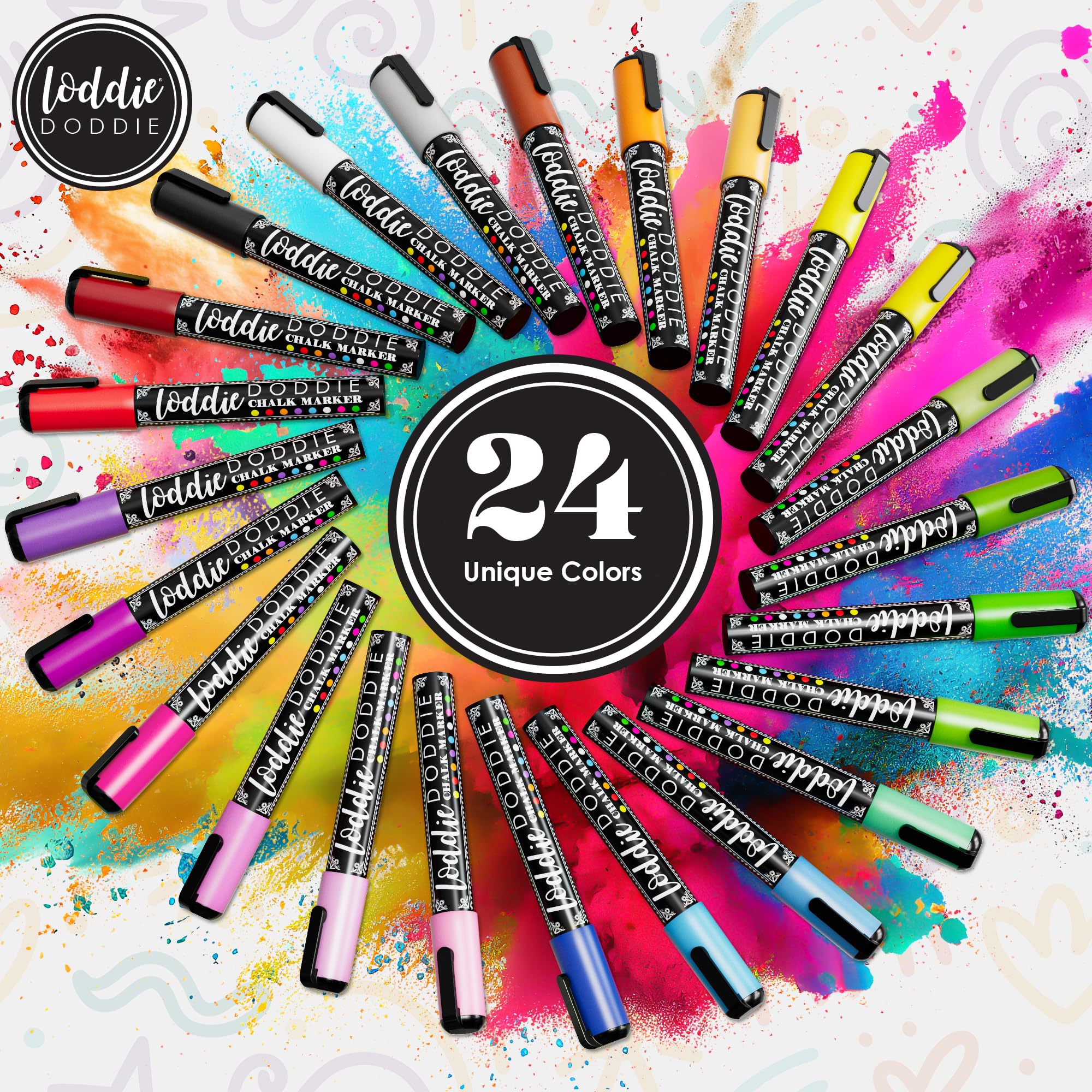 Loddie Doddie Liquid Chalk Markers | Dust Free Chalk Pens - Perfect for Chalkboards, Blackboards, Windows and Glass | 6mm Reversible Bullet & Chisel Tip Erasable Ink (Pack of 24)