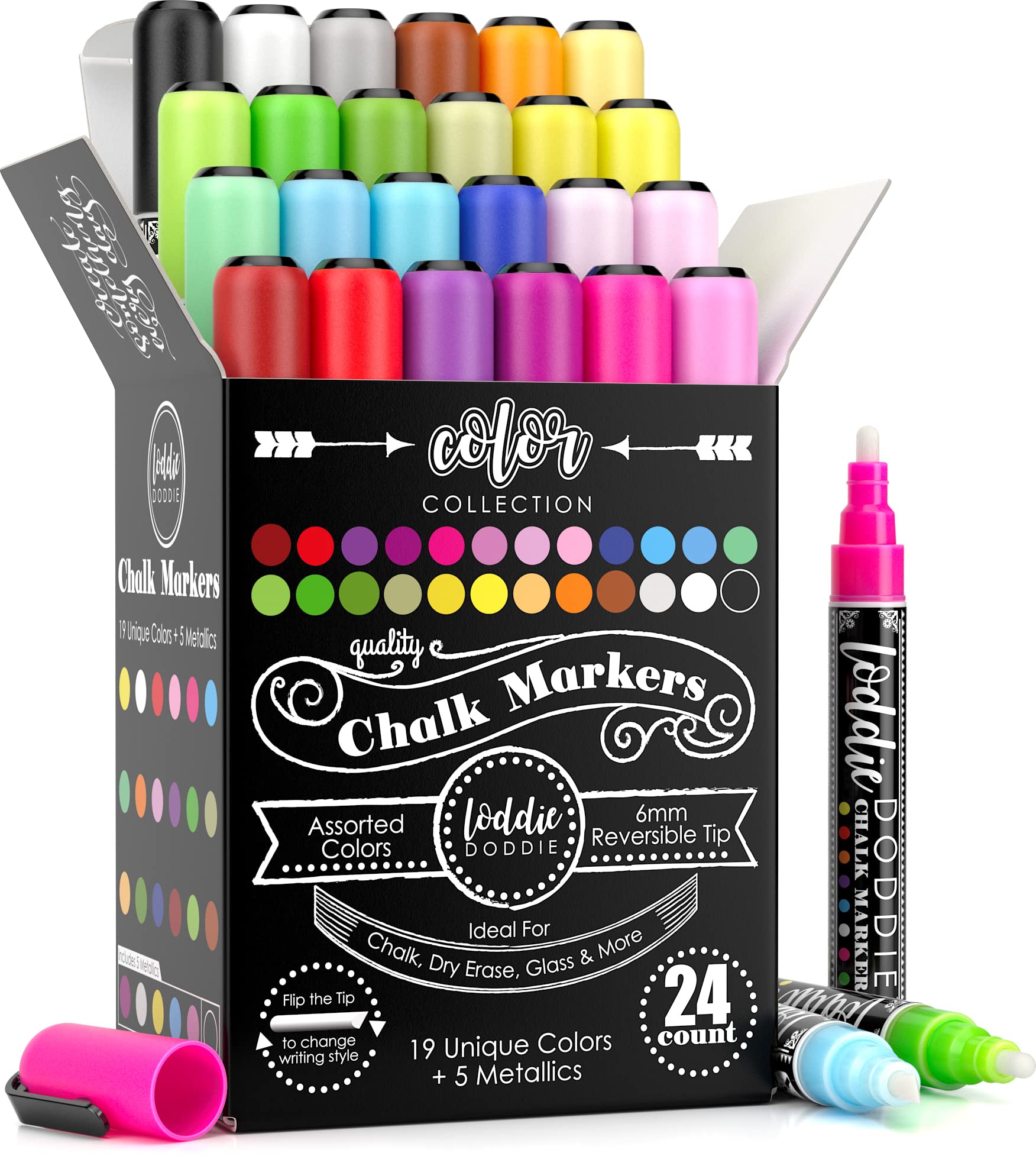 Loddie Doddie Liquid Chalk Markers | Dust Free Chalk Pens - Perfect for Chalkboards, Blackboards, Windows and Glass | 6mm Reversible Bullet & Chisel Tip Erasable Ink (Pack of 24)