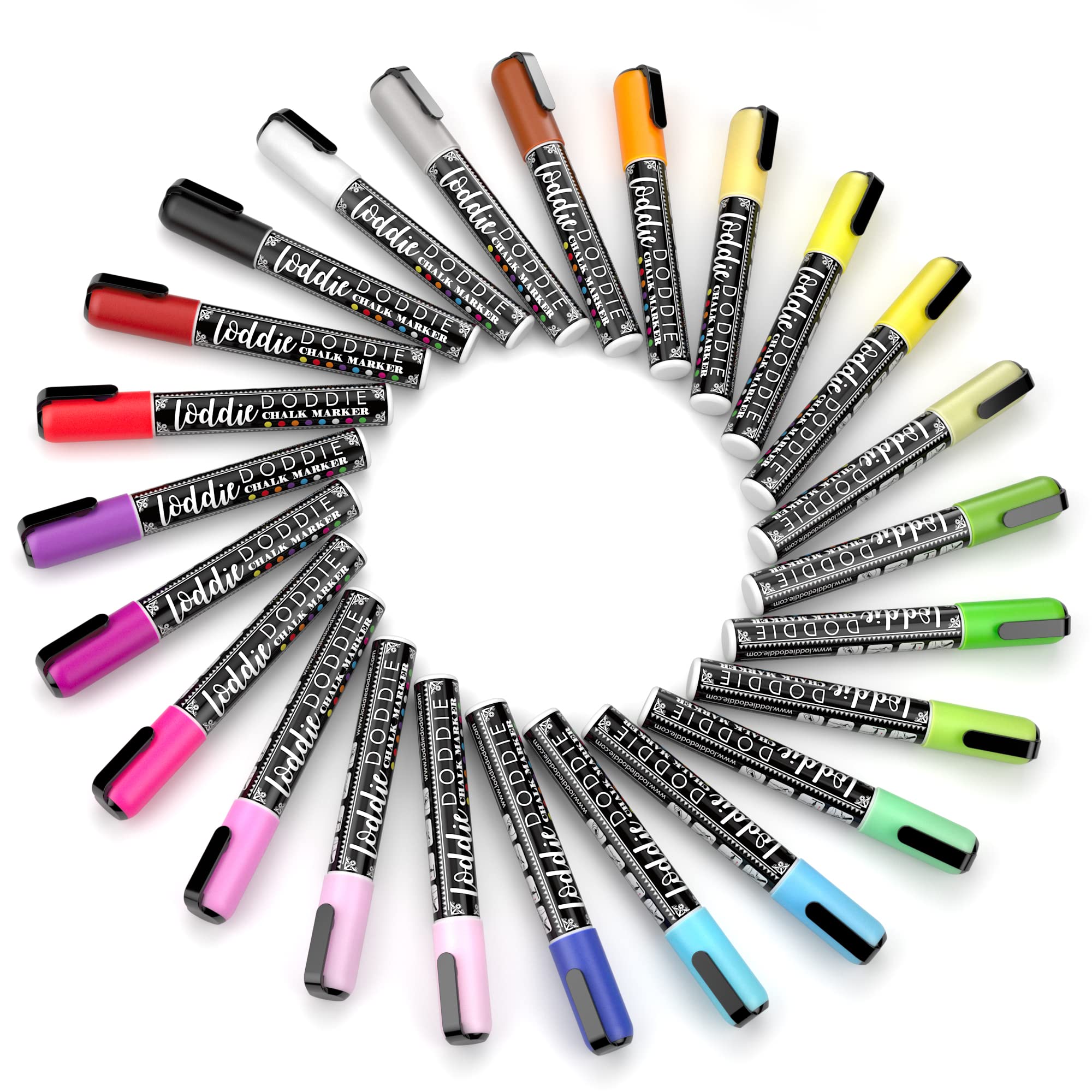 Loddie Doddie Liquid Chalk Markers | Dust Free Chalk Pens - Perfect for Chalkboards, Blackboards, Windows and Glass | 6mm Reversible Bullet & Chisel Tip Erasable Ink (Pack of 24)