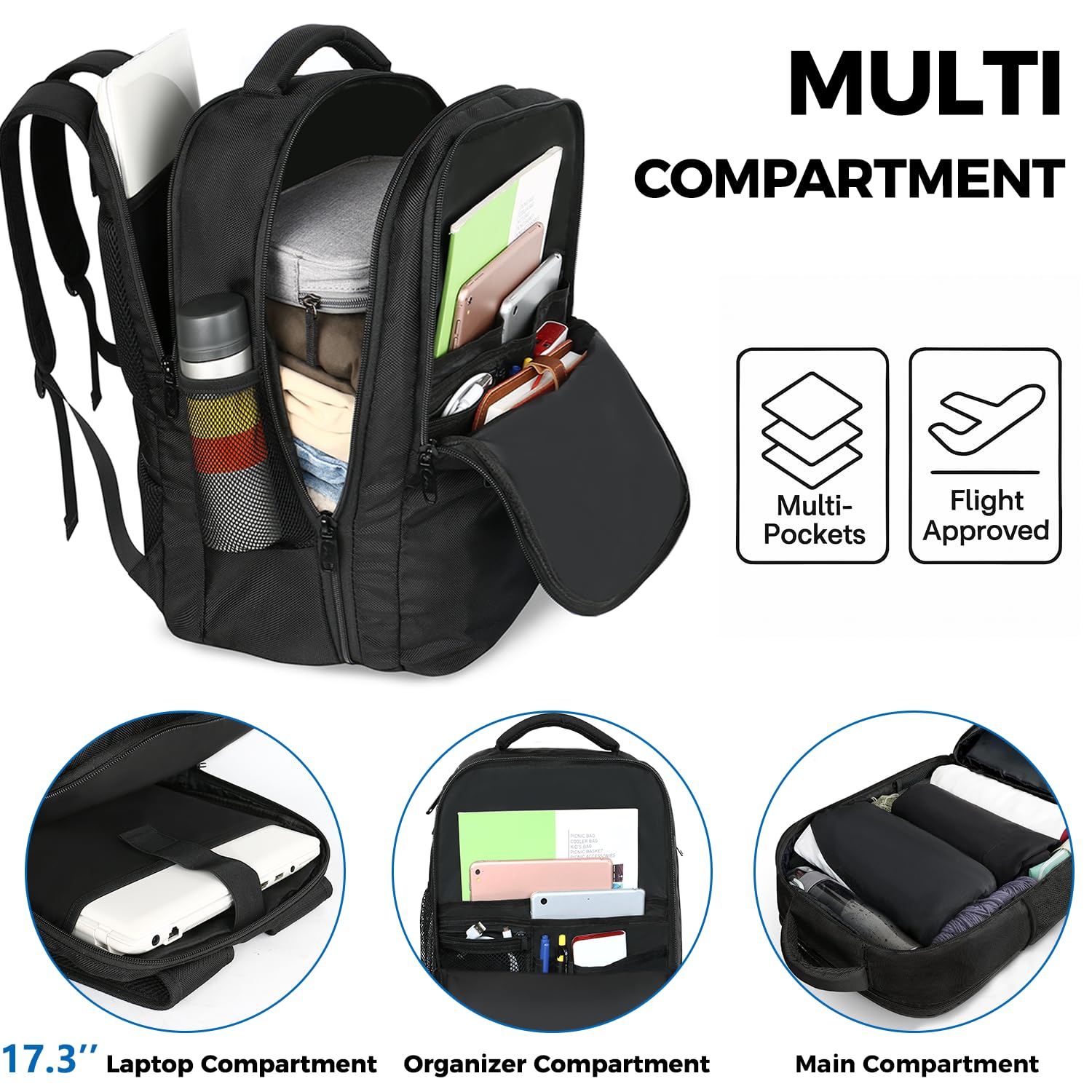MATEIN Travel Backpack, 40L Flight Approved Carry on Hand Luggage, Water Resistant Anti-Theft Business Large Daypack Weekender Bag for 17 Inch Laptop, Black