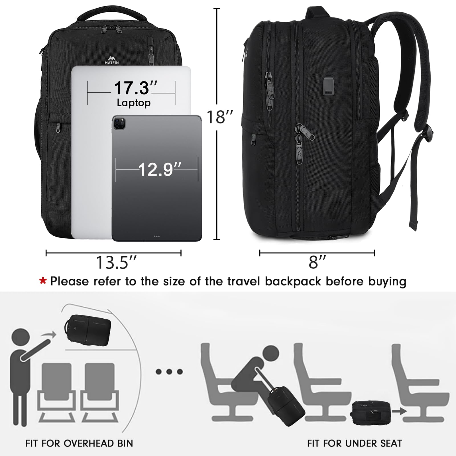 MATEIN Travel Backpack, 40L Flight Approved Carry on Hand Luggage, Water Resistant Anti-Theft Business Large Daypack Weekender Bag for 17 Inch Laptop, Black