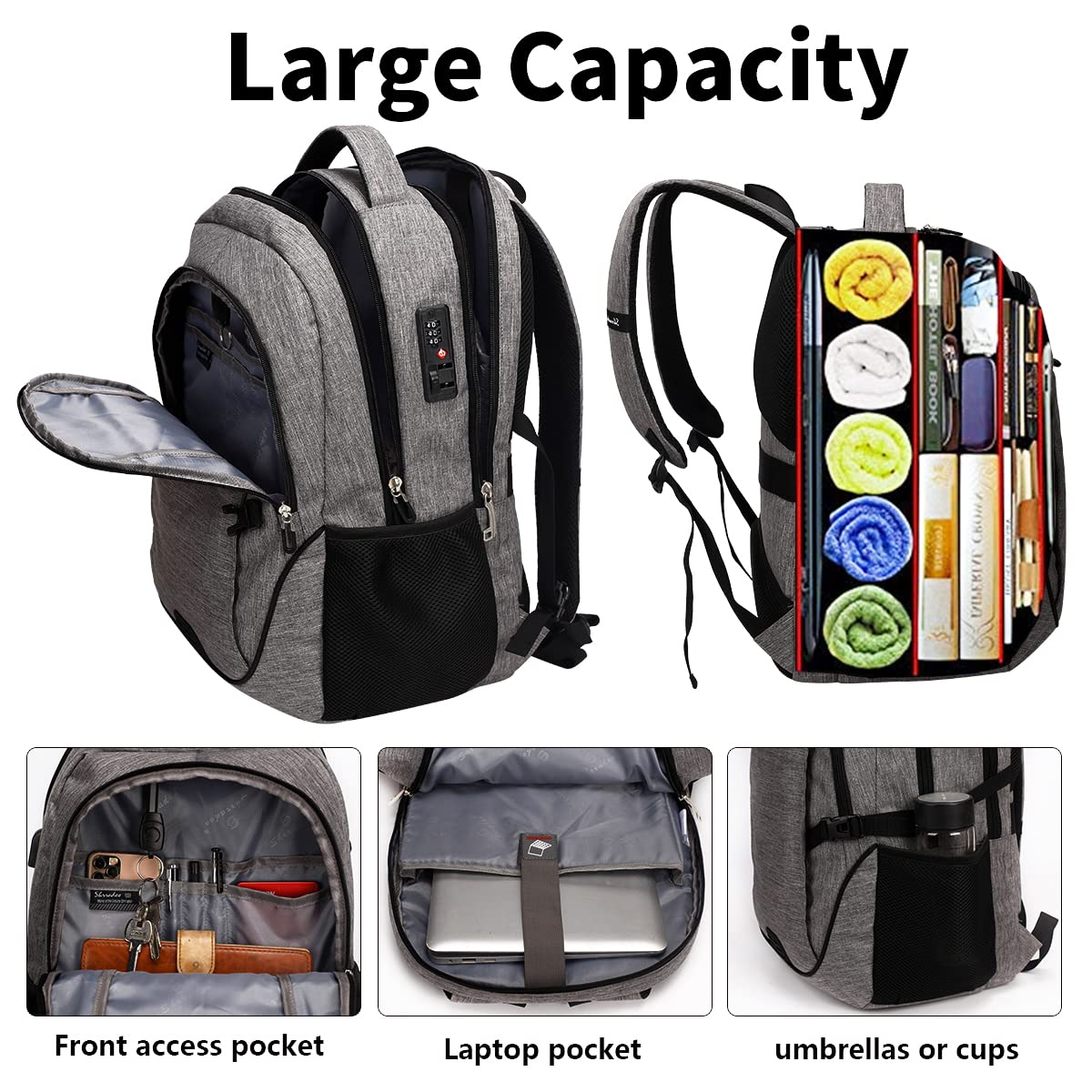 SHRRADOO Anti Theft Laptop Backpack Travel Backpacks Bookbag with usb Charging Port for Women & Men School College Students Backpack Fits 15.6 Inch Laptop Grey