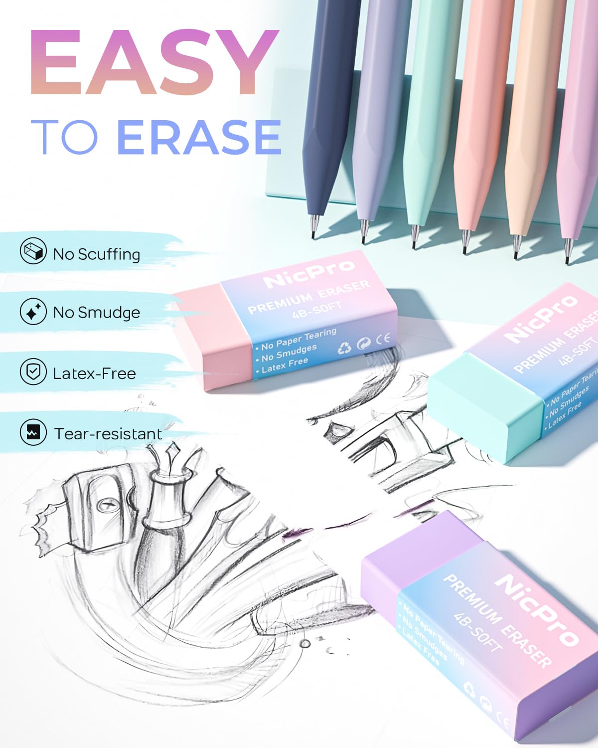 Nicpro 6PCS Pastel Mechanical Pencil Set, Cute Mechanical Pencils 0.5 & 0.7 mm with 6 Tubes HB Lead Refill, 3PCS Eraser and 9PCS Eraser Refill for Student Writing, Drawing, Sketching- with Cute Case