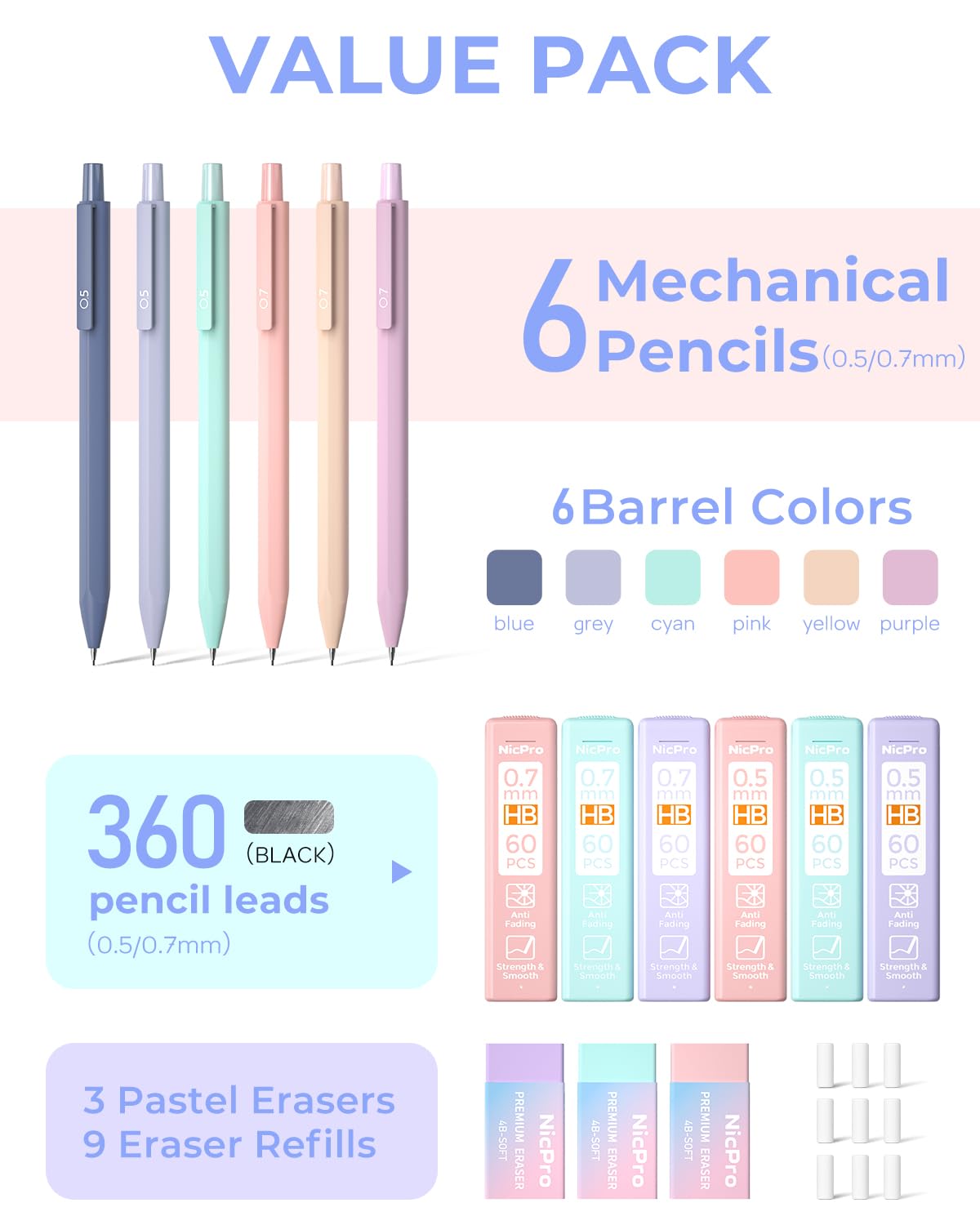 Nicpro 6PCS Pastel Mechanical Pencil Set, Cute Mechanical Pencils 0.5 & 0.7 mm with 6 Tubes HB Lead Refill, 3PCS Eraser and 9PCS Eraser Refill for Student Writing, Drawing, Sketching- with Cute Case