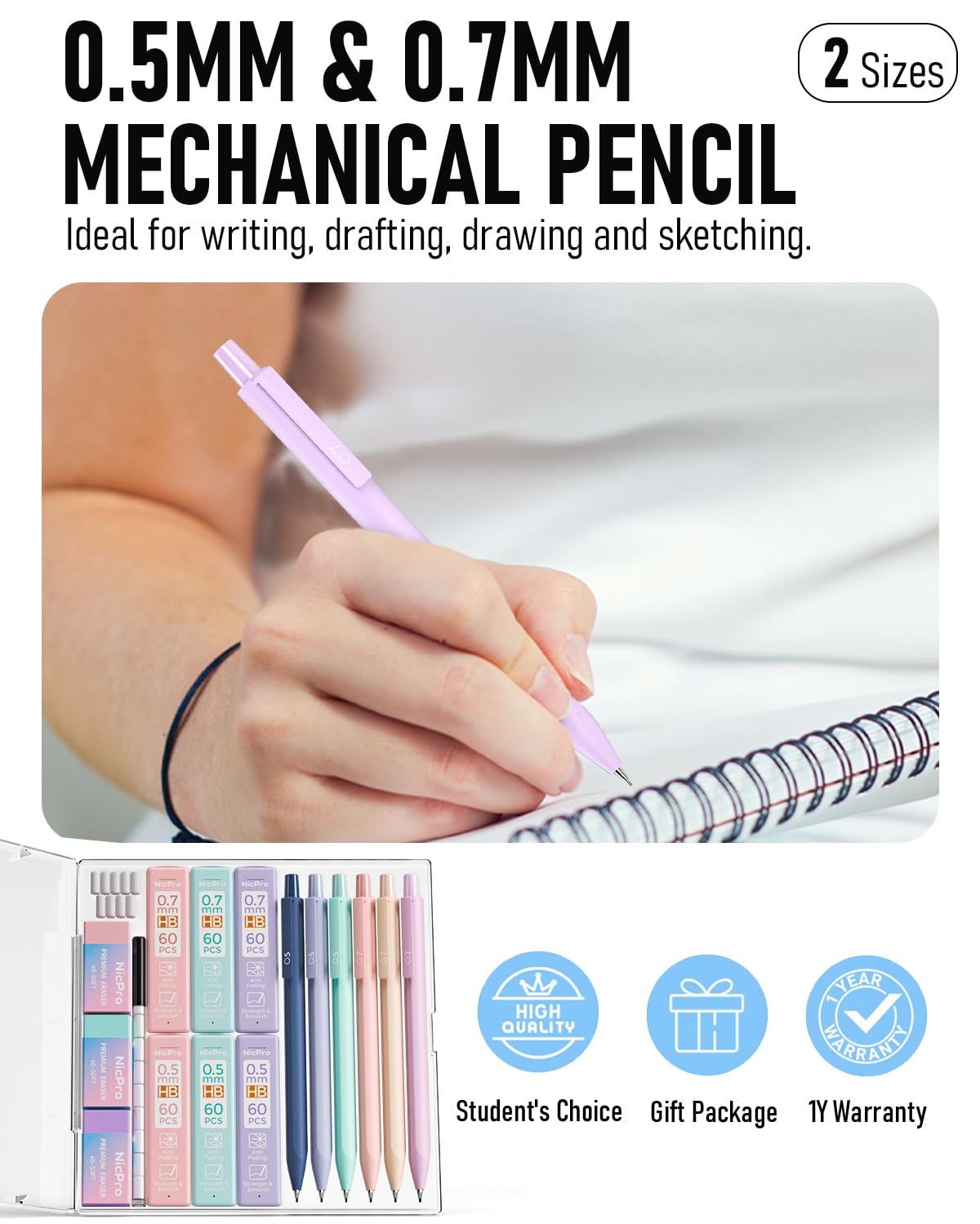 Nicpro 6PCS Pastel Mechanical Pencil Set, Cute Mechanical Pencils 0.5 & 0.7 mm with 6 Tubes HB Lead Refill, 3PCS Eraser and 9PCS Eraser Refill for Student Writing, Drawing, Sketching- with Cute Case