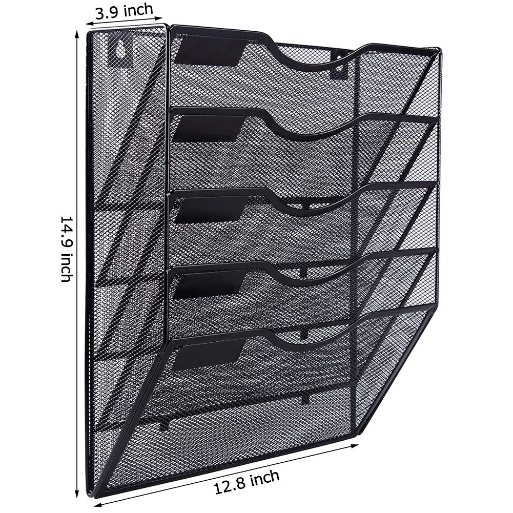 EASEPRES 5 Pockets Mesh Wall File Holder Organizer Office Hanging Magazine Rack, Black