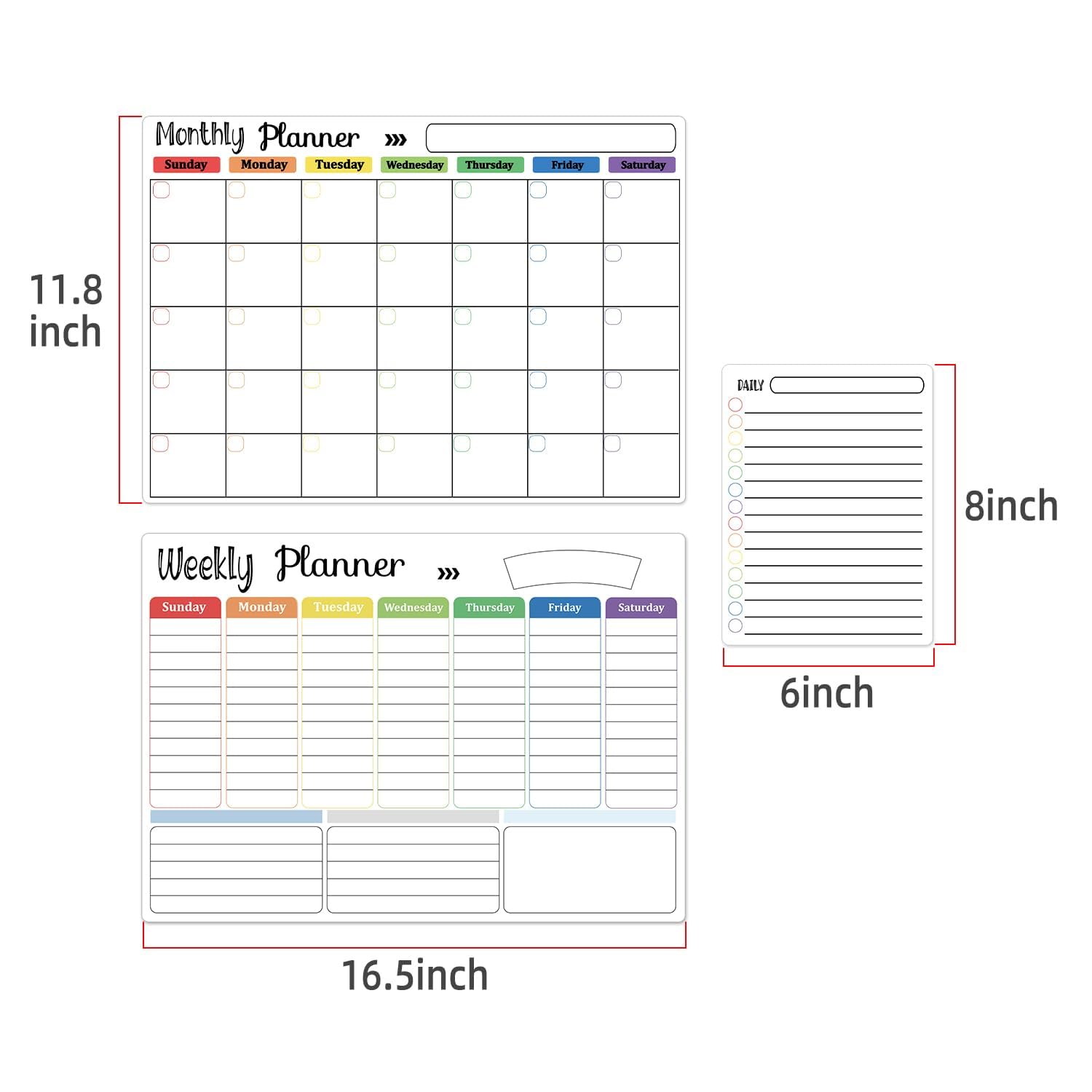 Hivillexun Magnetic Dry Erase Calendar Whiteboard Set (3-Pack) for Refrigerator, Wall, and Fridge Organization with Monthly, Weekly, and Daily Notepads. Comes with 8 Markers and 1 Eraser