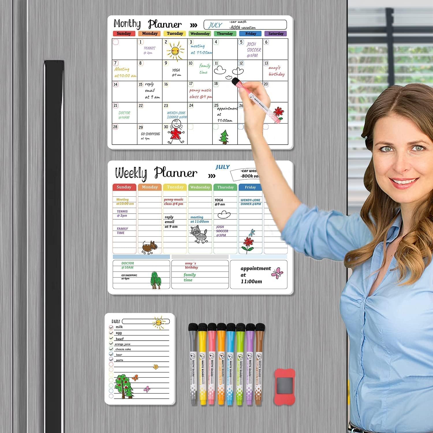 Hivillexun Magnetic Dry Erase Calendar Whiteboard Set (3-Pack) for Refrigerator, Wall, and Fridge Organization with Monthly, Weekly, and Daily Notepads. Comes with 8 Markers and 1 Eraser