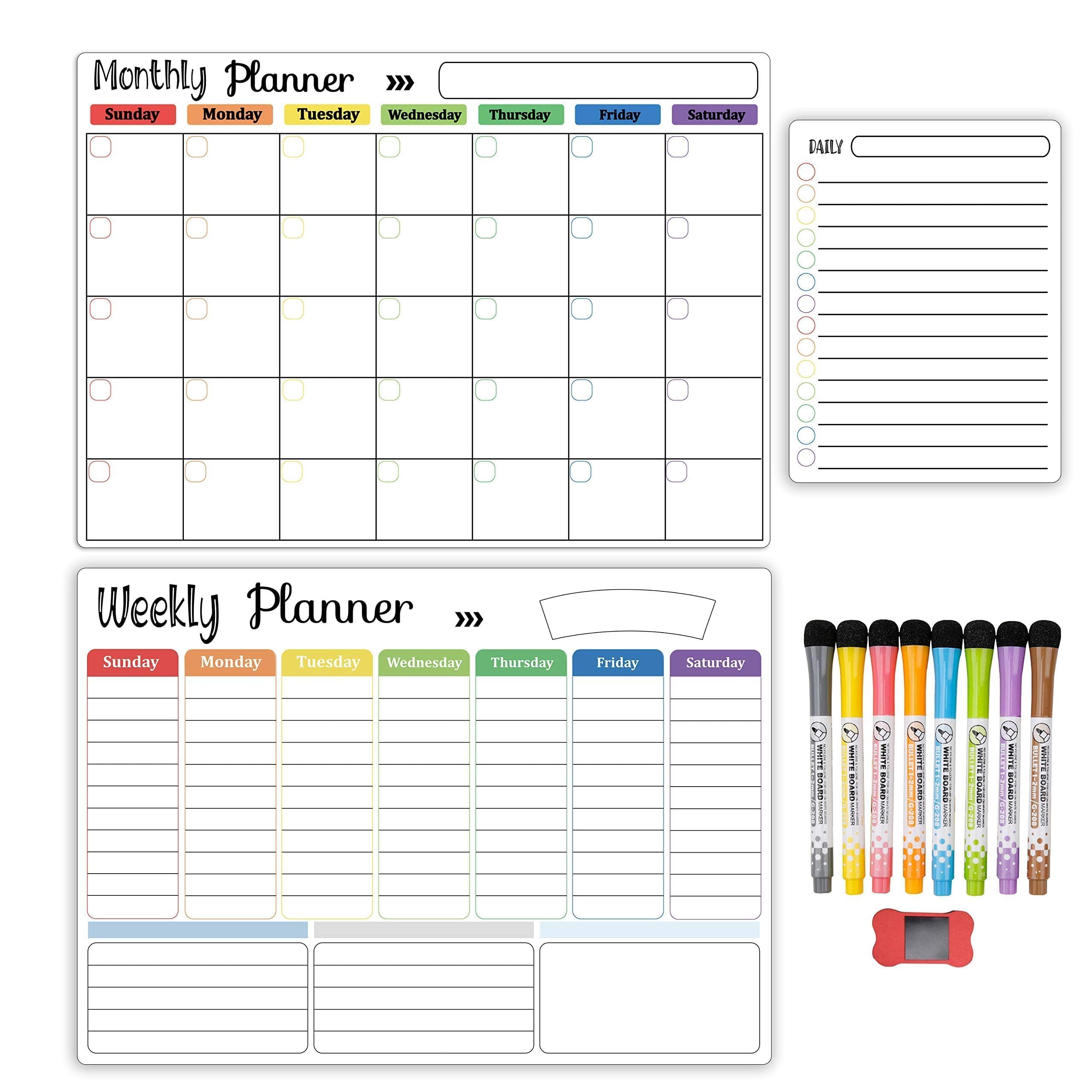 Hivillexun Magnetic Dry Erase Calendar Whiteboard Set (3-Pack) for Refrigerator, Wall, and Fridge Organization with Monthly, Weekly, and Daily Notepads. Comes with 8 Markers and 1 Eraser