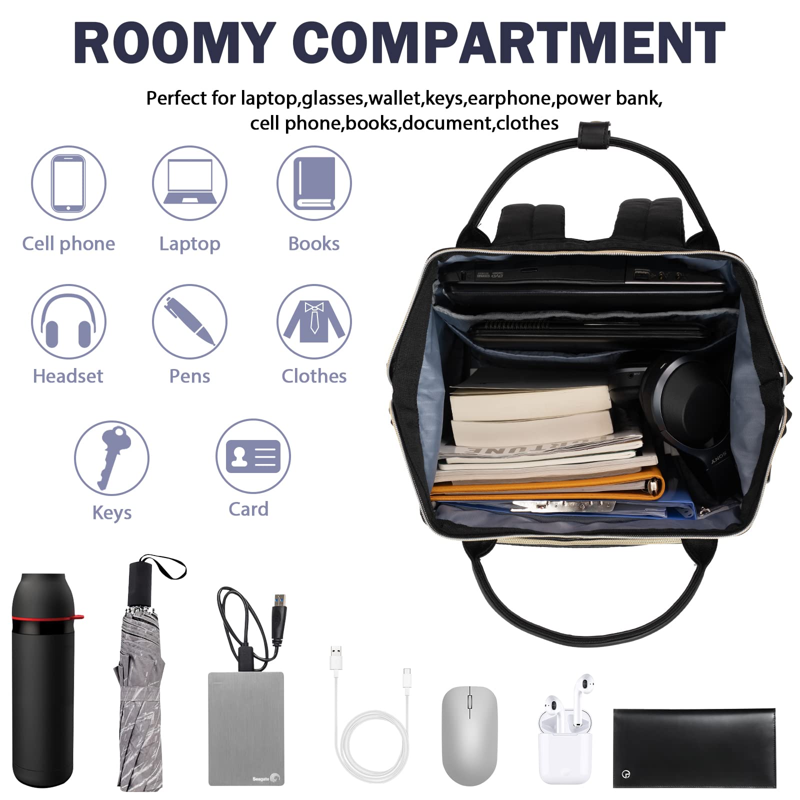 VANKEAN 17 Inch Laptop Backpack for Women Men Fashion Computer Work Bag, Large Capacity Waterproof Backpack with USB Port & RFID Pockets, College Daypack School Bag Business Travel Backpack, Black