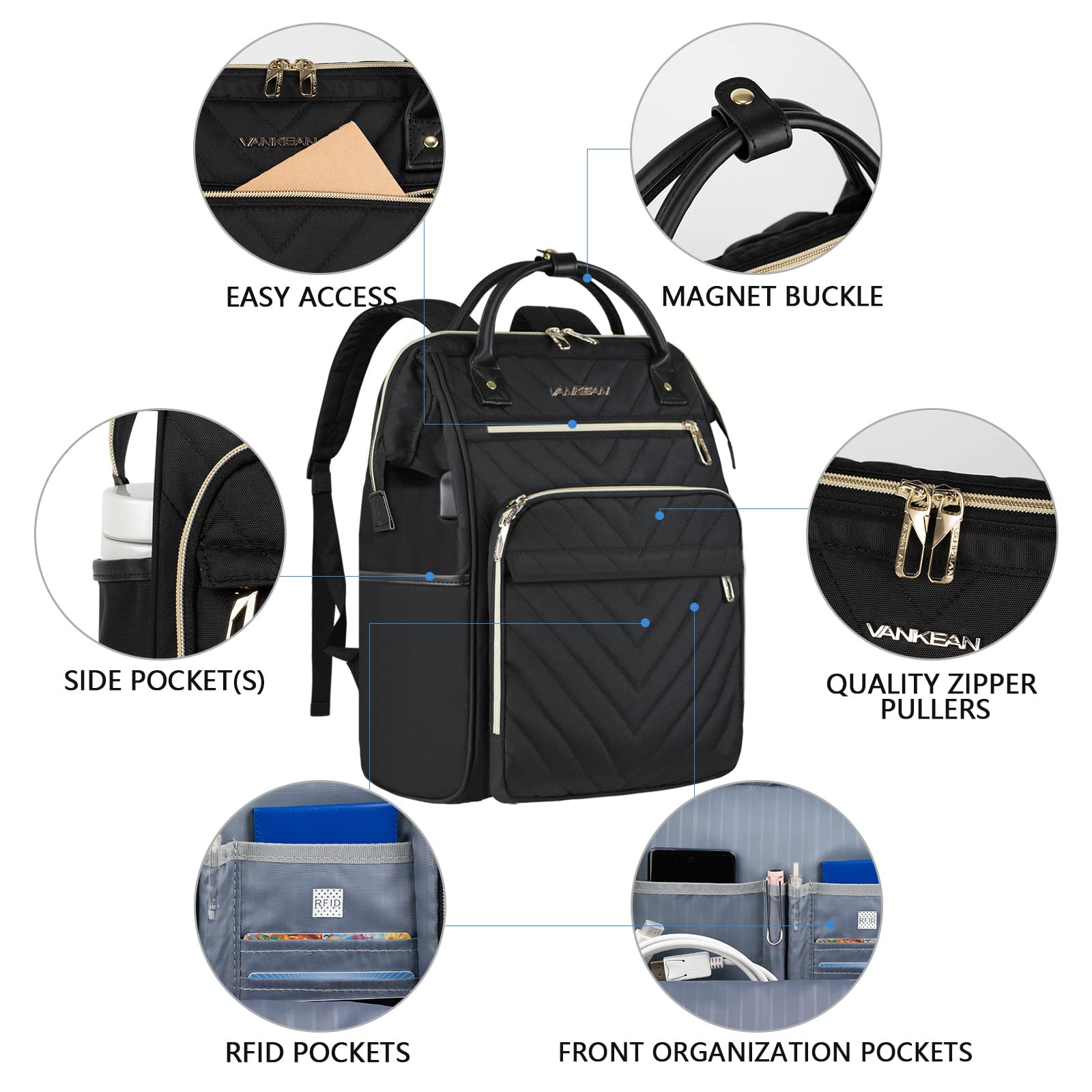 VANKEAN 17 Inch Laptop Backpack for Women Men Fashion Computer Work Bag, Large Capacity Waterproof Backpack with USB Port & RFID Pockets, College Daypack School Bag Business Travel Backpack, Black
