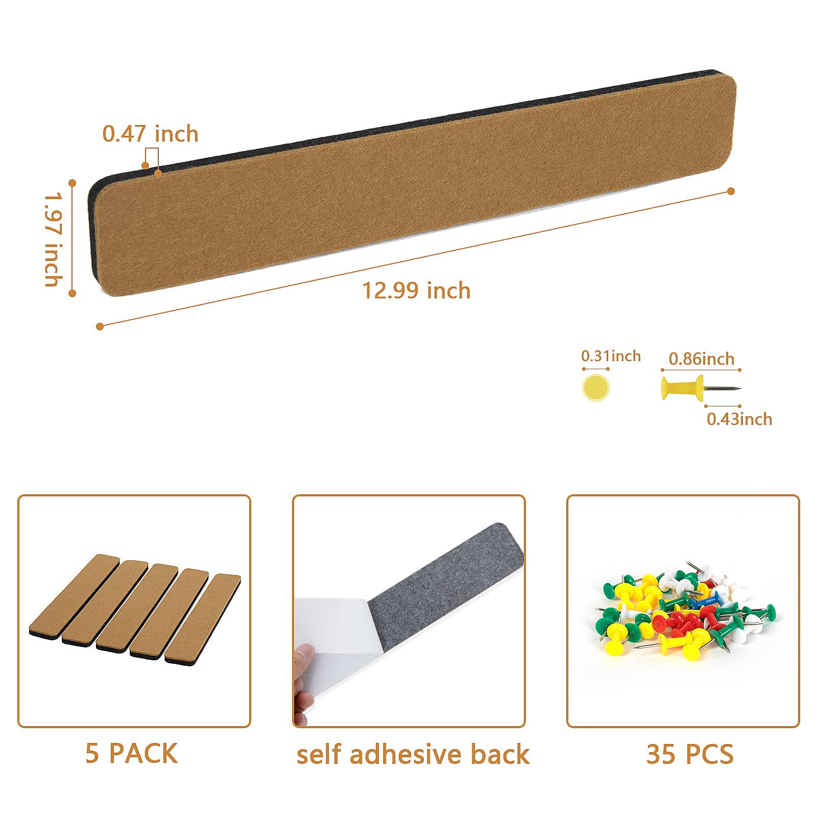5 Pack Felt Pin Board Bar Strips Bulletin Board for Bedrooms Offices Home Wall Decoration, Notice Board Self Adhesive Cork Board with 35 Push Pins for Paste Notes, Photos, Schedules (Brown)