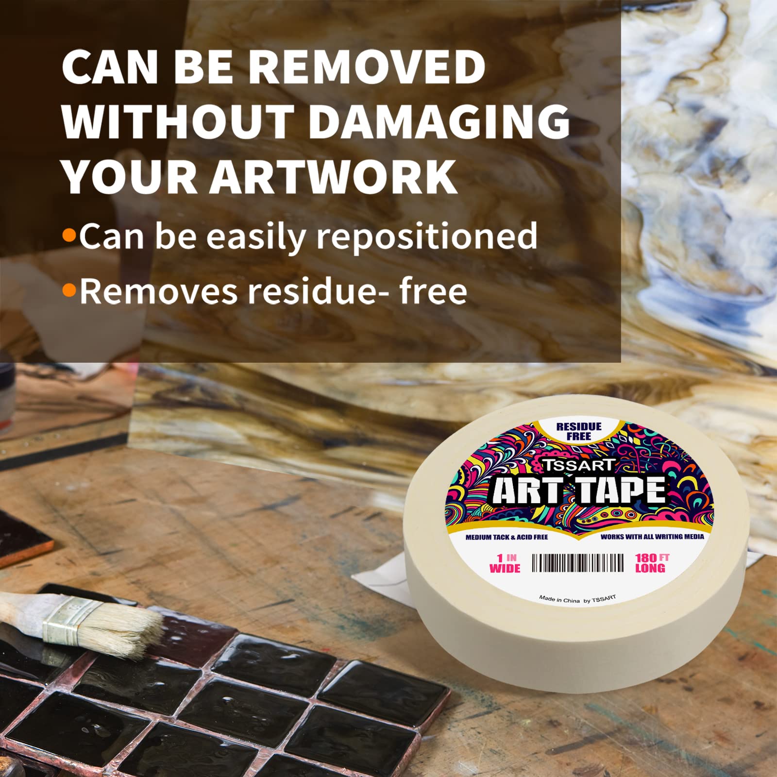 TSSART White Art Tape Medium Tack - Masking Artists Tape for Drafting Art Watercolor Painting Canvas Framing - Acid Free 1inch Wide 180FT Long