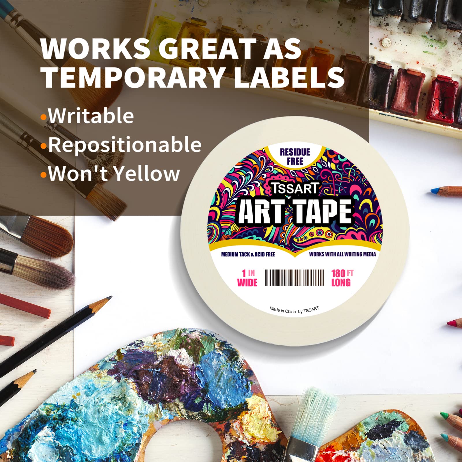 TSSART White Art Tape Medium Tack - Masking Artists Tape for Drafting Art Watercolor Painting Canvas Framing - Acid Free 1inch Wide 180FT Long