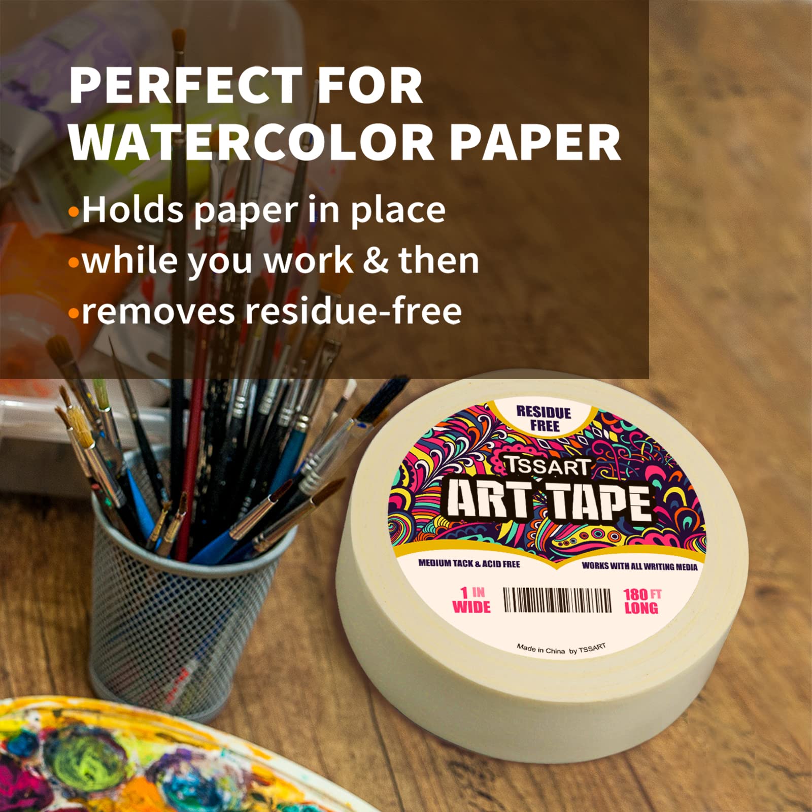 TSSART White Art Tape Medium Tack - Masking Artists Tape for Drafting Art Watercolor Painting Canvas Framing - Acid Free 1inch Wide 180FT Long