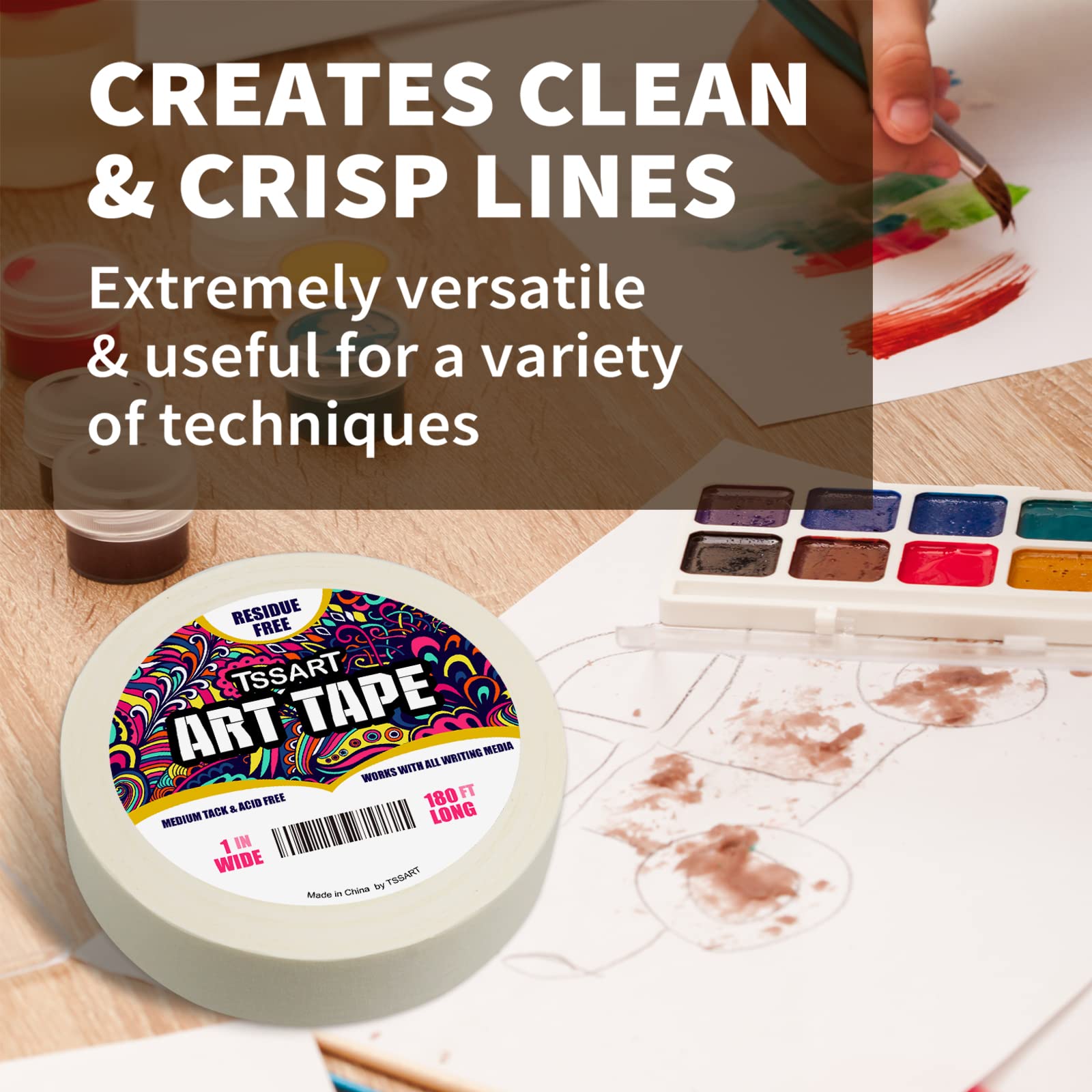 TSSART White Art Tape Medium Tack - Masking Artists Tape for Drafting Art Watercolor Painting Canvas Framing - Acid Free 1inch Wide 180FT Long