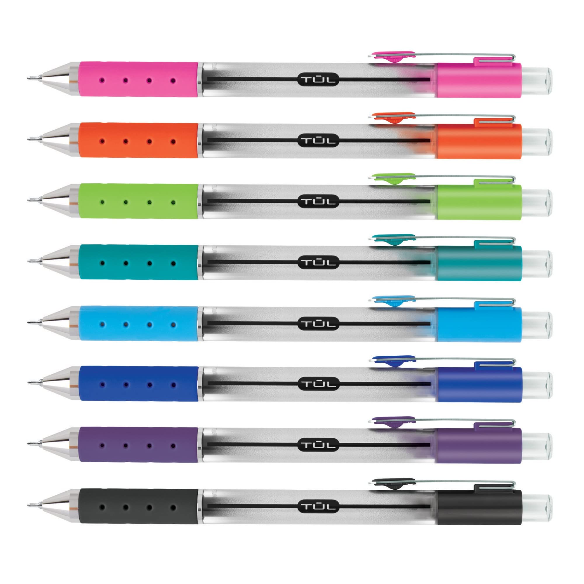 TUL Retractable Gel Pens, Needle Point, 0.5 mm, Gray Barrel, Assorted Bright Ink Colors, Pack Of 8