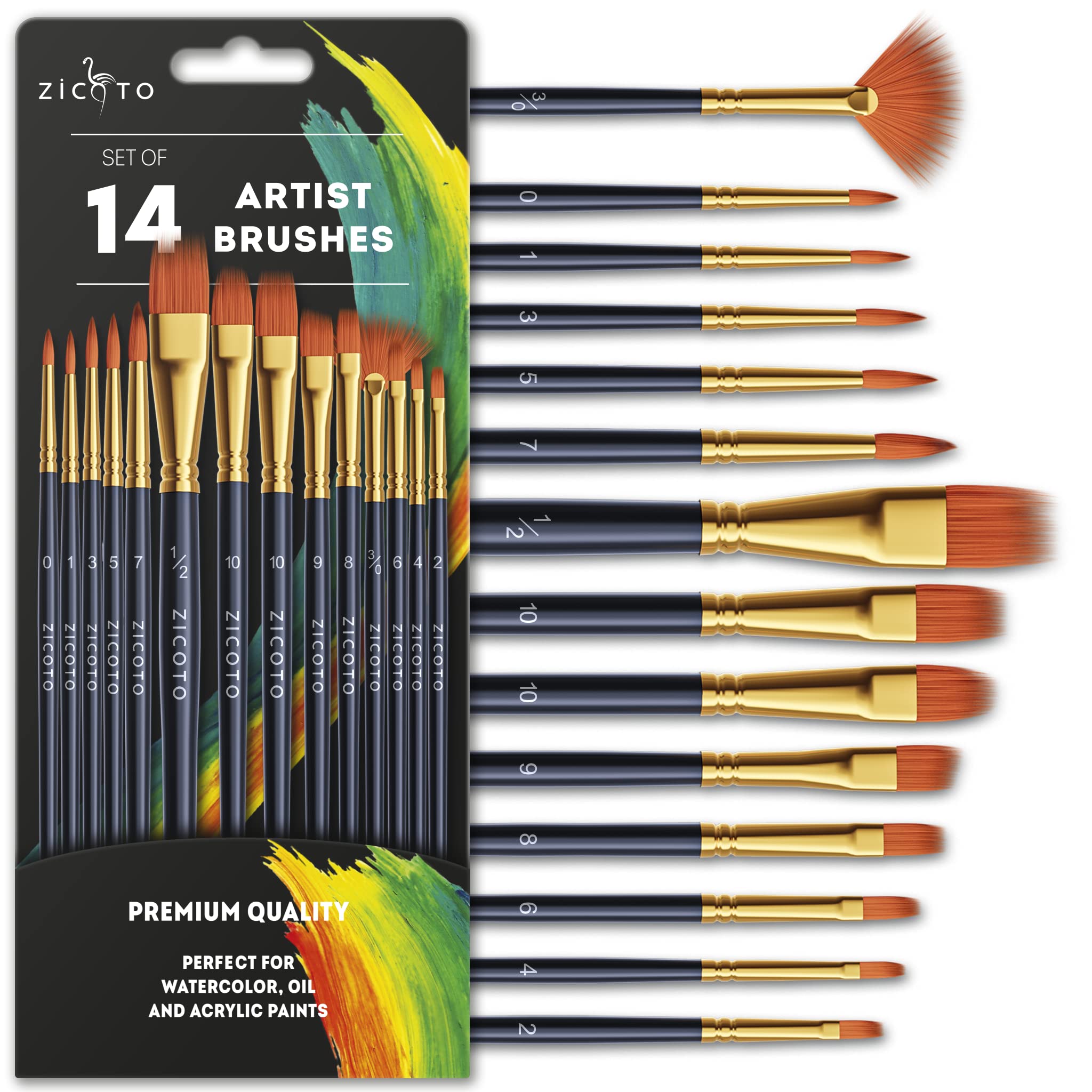 Quality Artist Paint Brush Set of 14 - Painting Brushes for Kids, Adults or Professionals and Easy to Use for Watercolor, Oil or Acrylic Painting - Perfect for Your Canvas, Paper or Fabric Styled Art