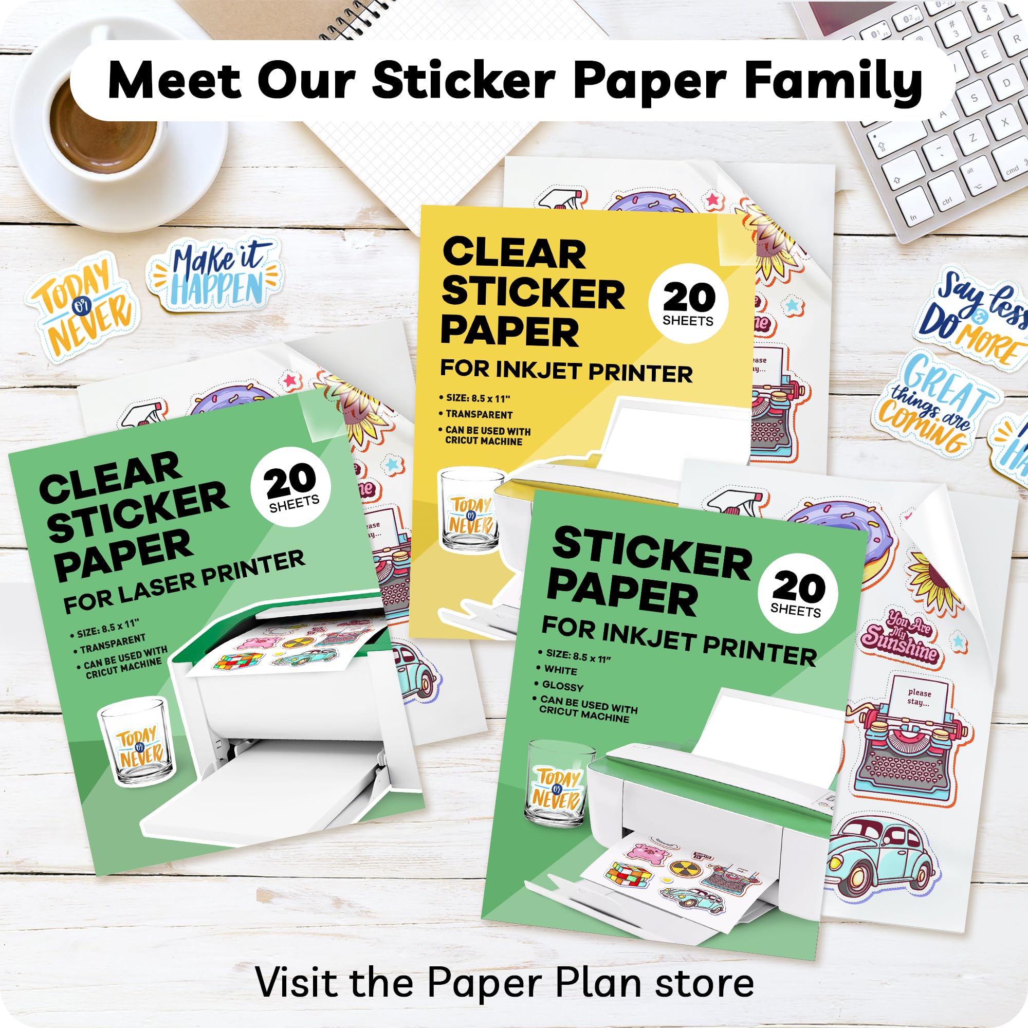 (30 Sheets) Printable Vinyl Sticker Paper for Inkjet Printer Waterproof - White, Matte, 8.5 x 11 Inkjet Sticker Paper, Cricut Sticker Paper Printable , Waterproof Sticker Paper / Paper Plan