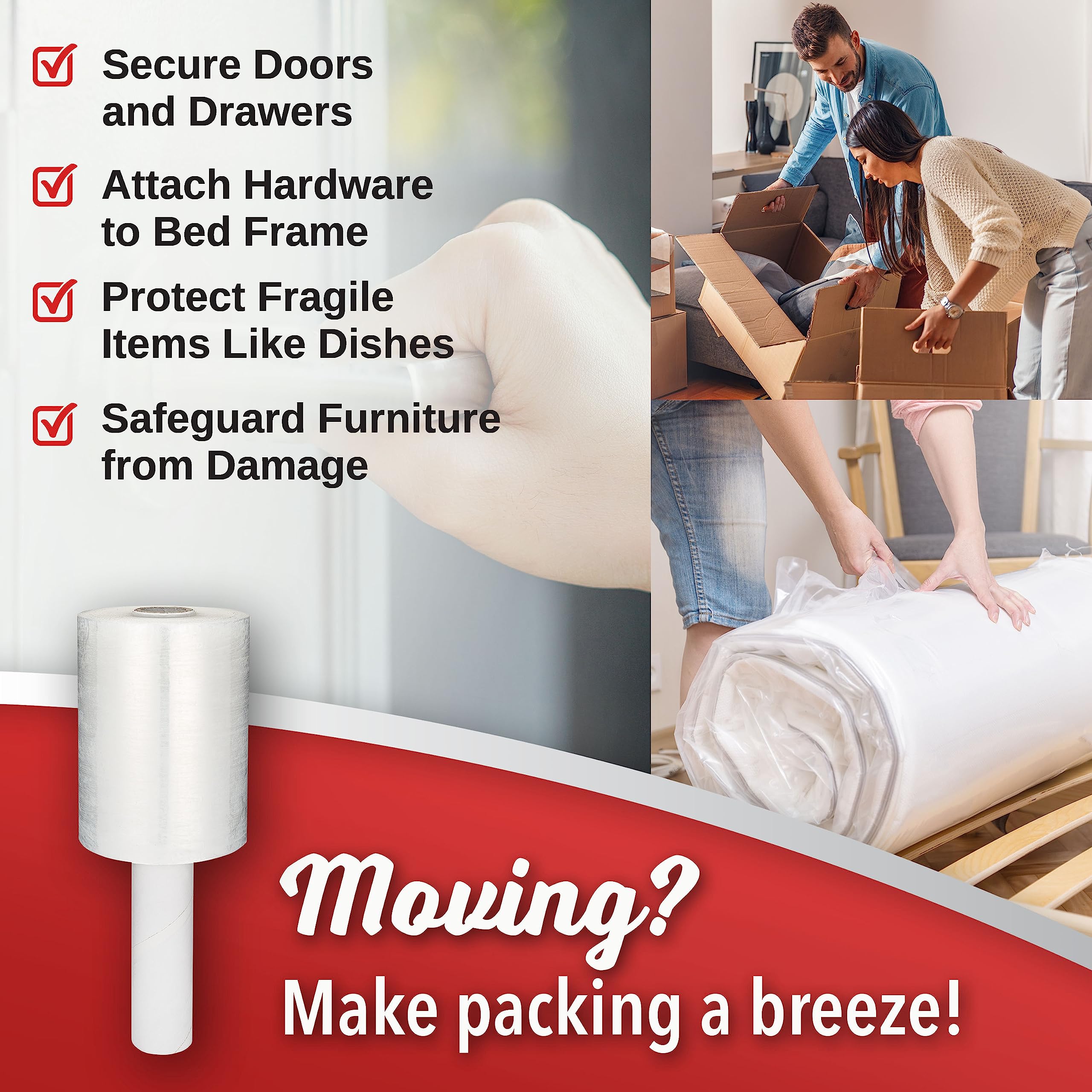 2 Pack Industrial Strength Mini Hand Stretch Wrap 5" 1000 Ft Roll 80 Gauge Thick Clear Cling Plastic Moving Supplies Durable Self-Adhering Packing Pallet Furniture Heavy Duty Shrink Film