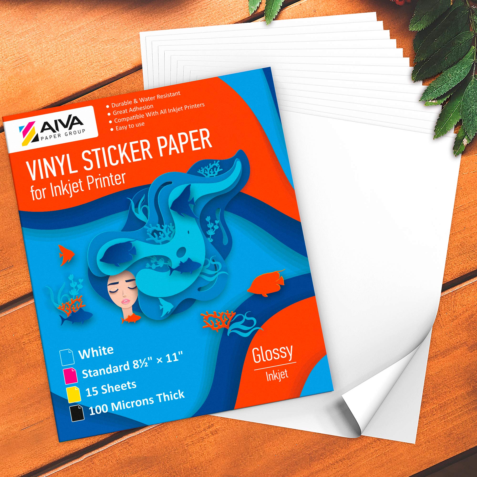 Printable Vinyl Sticker Paper for Inkjet Printer - Glossy White - 15 Self-Adhesive Sheets - Waterproof Decal Paper - Standard Letter Size 8.5"x11"