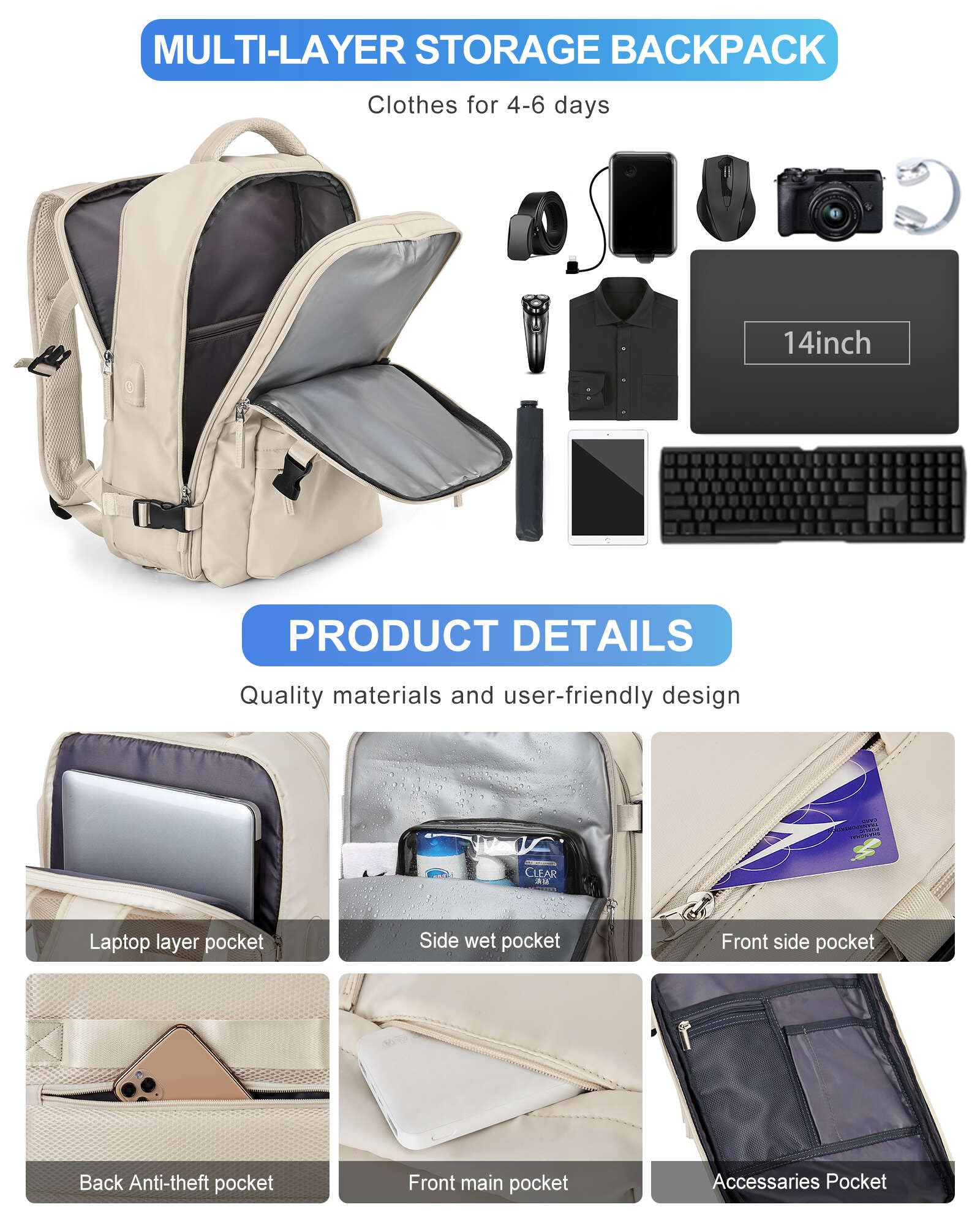 VGCUB Carry on Backpack,Large Travel Backpack for Women Men Airline Approved Gym Backpack Waterproof Business Laptop Daypack,Beige