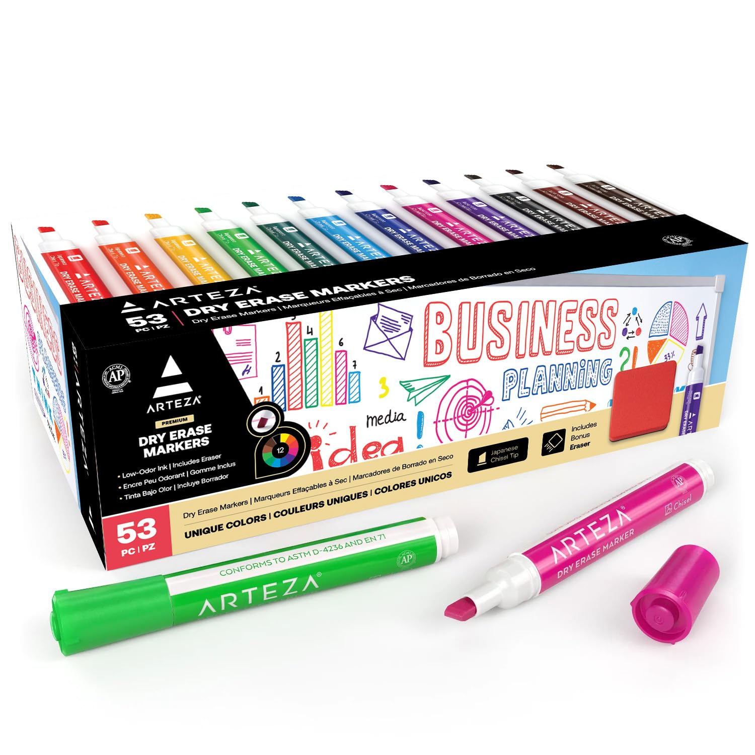 ARTEZA Dry Erase Markers, Bulk Pack of 52, Chisel Tip, 12 Assorted Colors with Low-Odor Ink, Whiteboard Pens, Office Supplies for Back to School, Office, Home