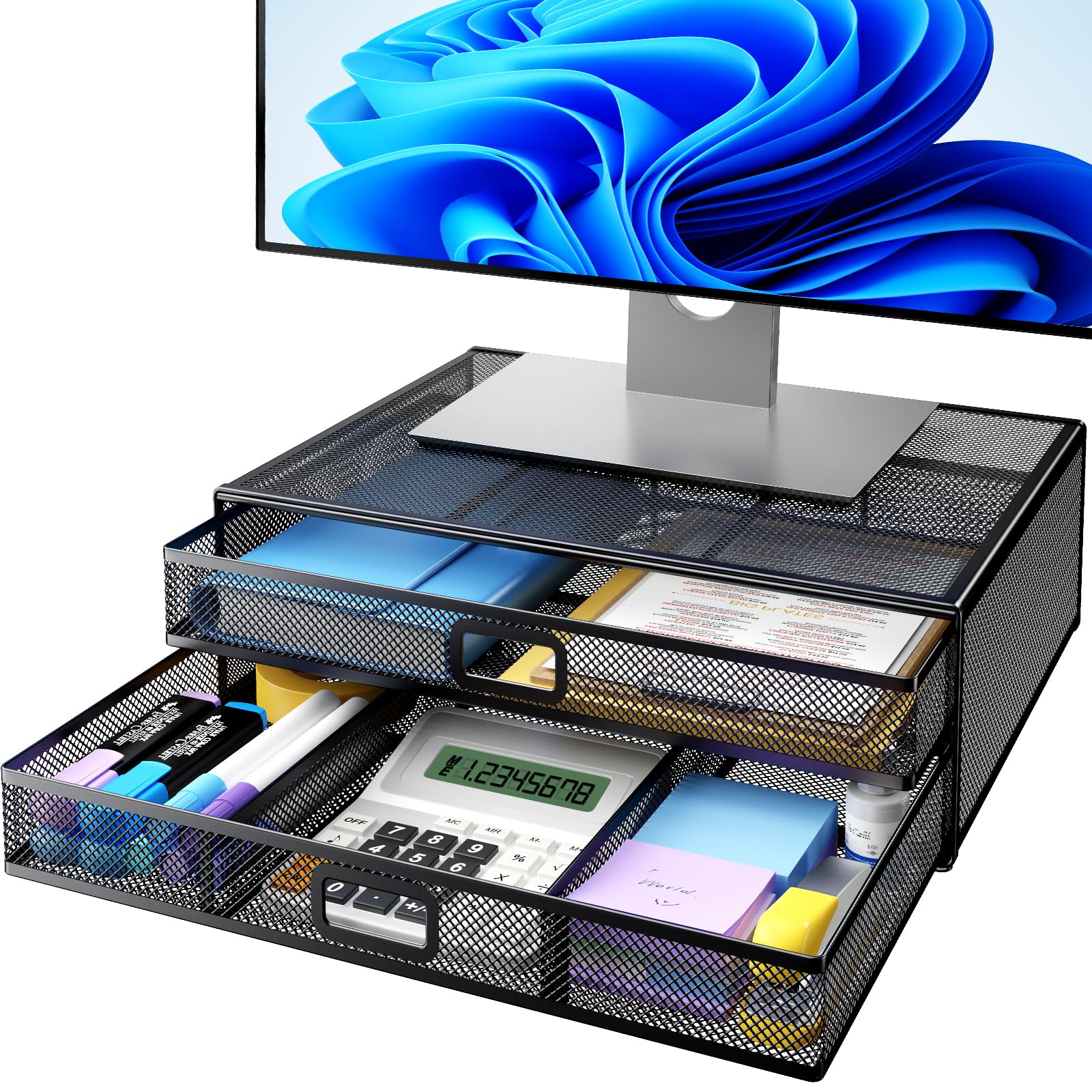 Monitor Stand with Drawer, Monitor Stand, Monitor Riser Mesh Metal, Desk Organizer, Monitor Stand with Storage, Desktop Computer Stand for PC, Laptop, Printer - HUANUO